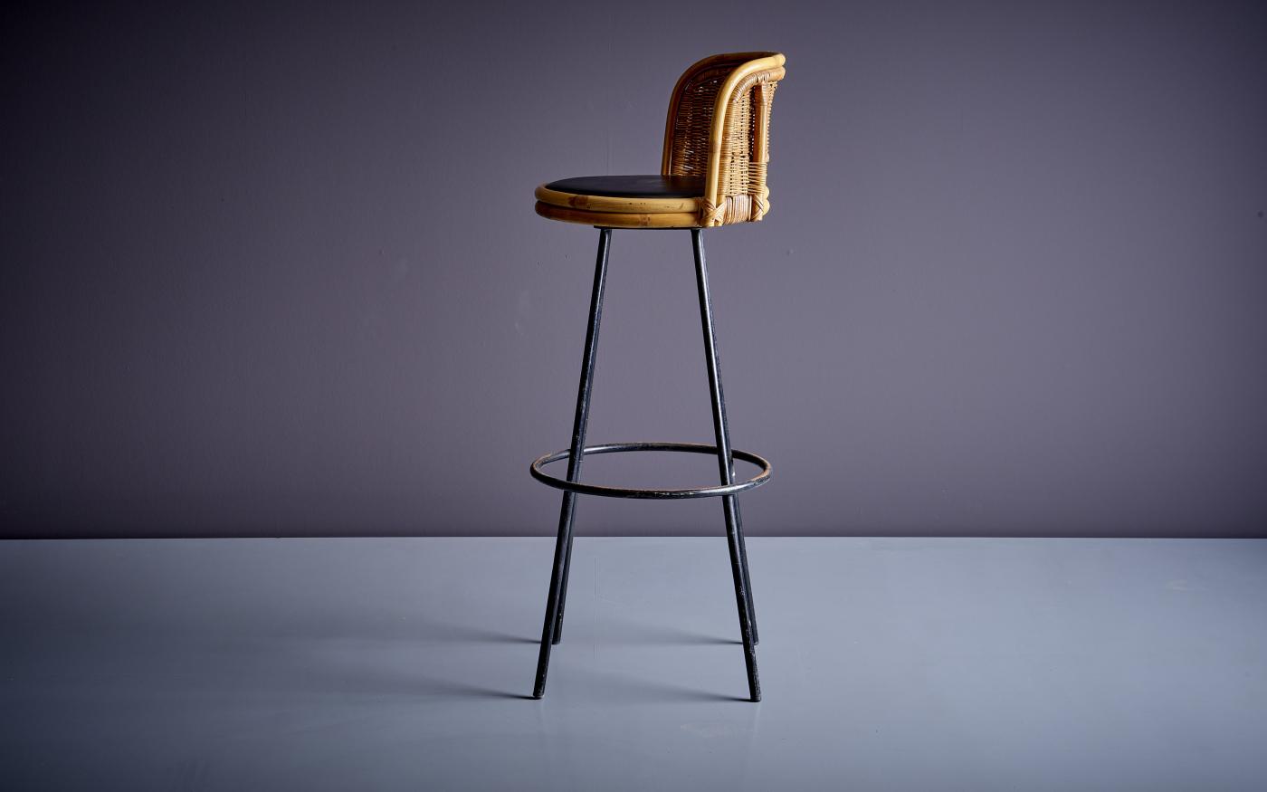 Danny Ho Fong - Wrought iron and wicker bar or counter stool chair ...