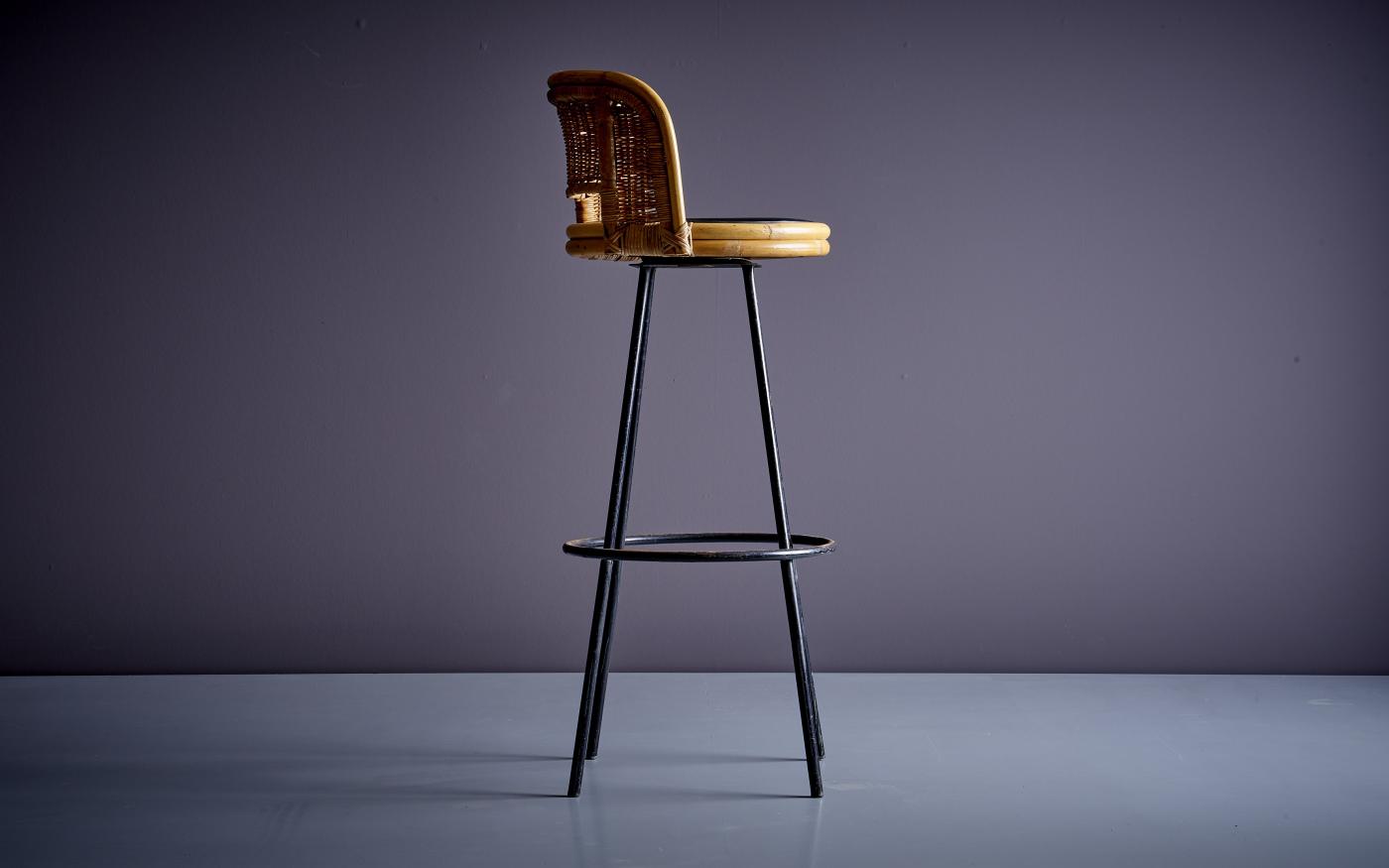 Danny Ho Fong - Wrought iron and wicker bar or counter stool chair ...