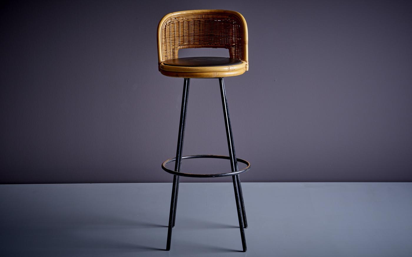Danny Ho Fong - Wrought iron and wicker bar or counter stool chair ...