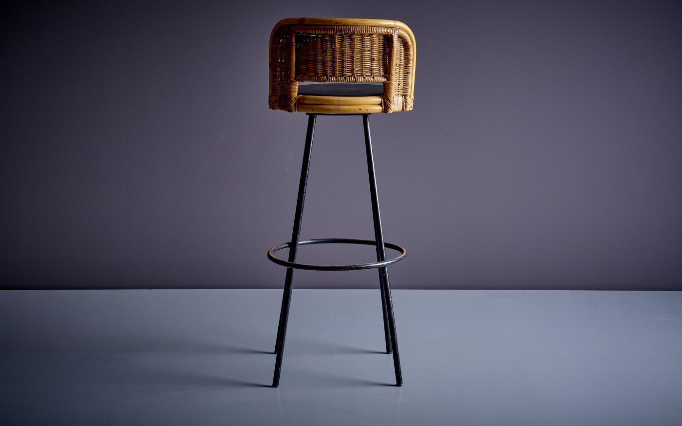 Danny Ho Fong - Wrought iron and wicker bar or counter stool chair ...