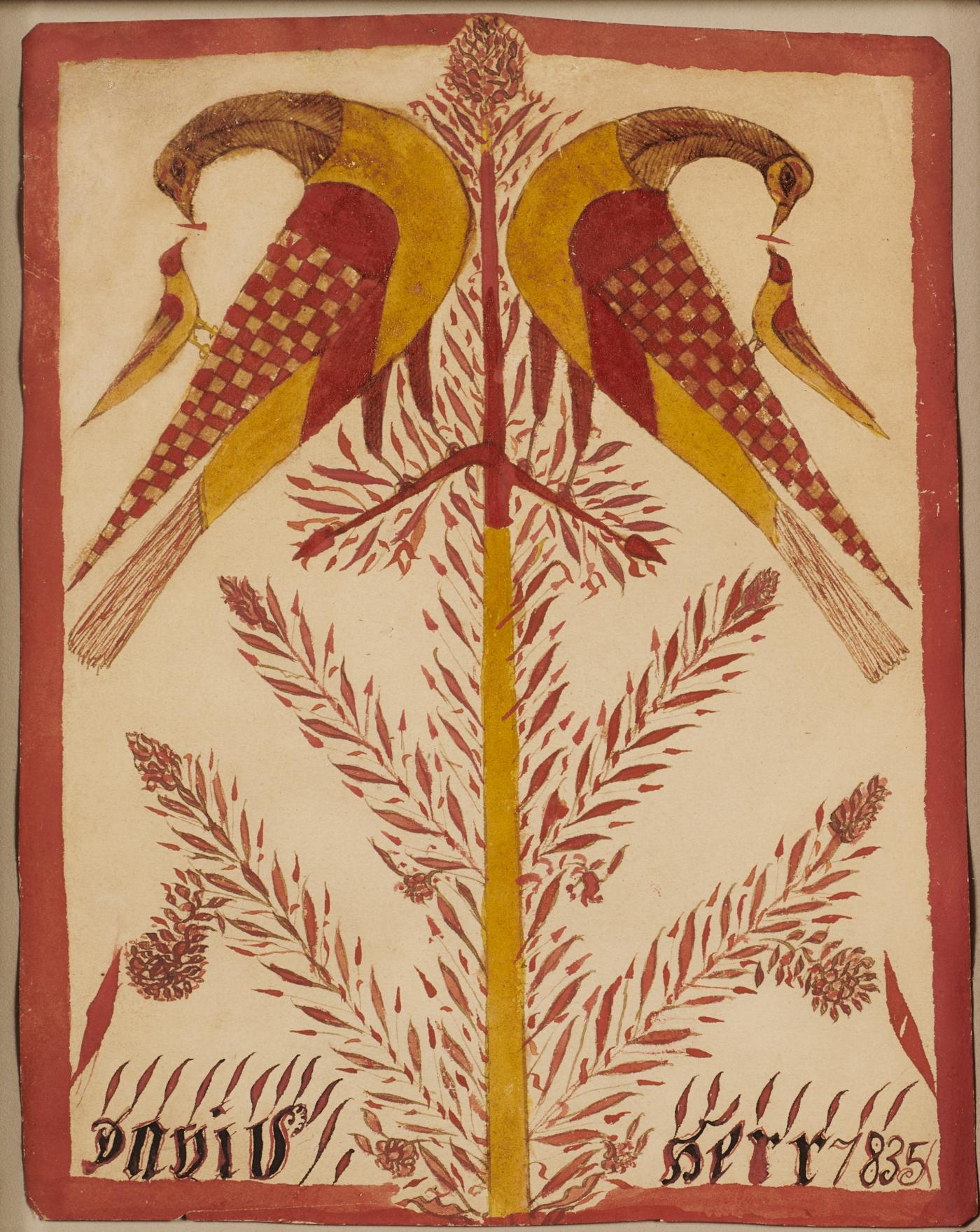 David Herr - Fraktur drawing of four birds