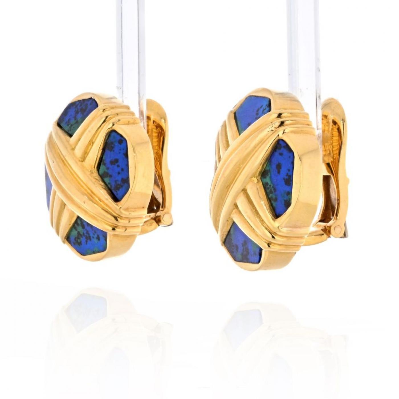 David Webb - DAVID WEBB PLATINUM & 18K YELLOW GOLD AZURMALACHITE EARRINGS