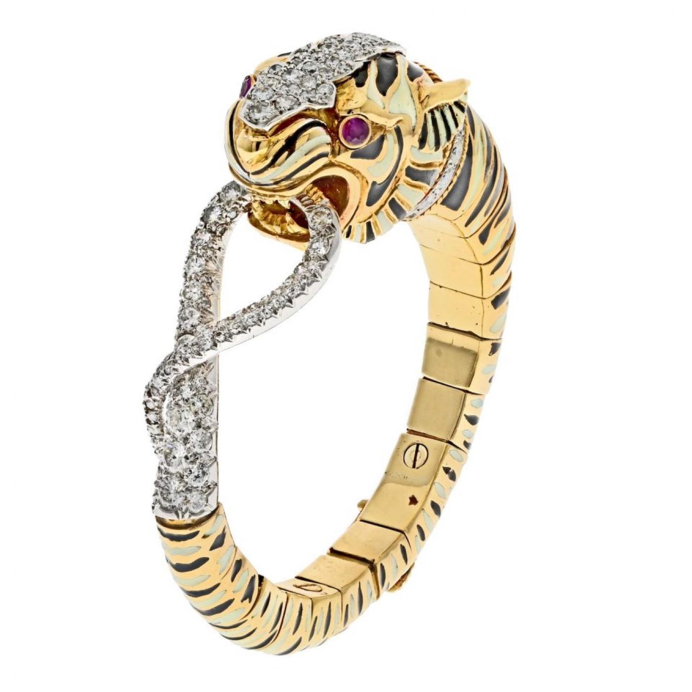 David Webb - PLATINUM & 18K YELLOW GOLD WHITE AND BLACK ENAMEL TIGER ...
