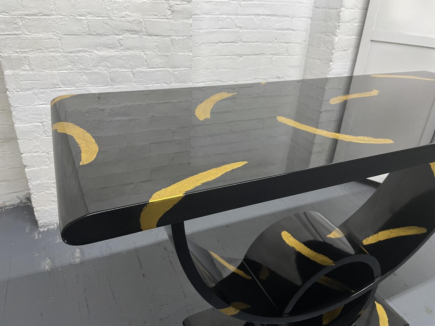 Decorative Black Lacquered and Gold Leaf Console