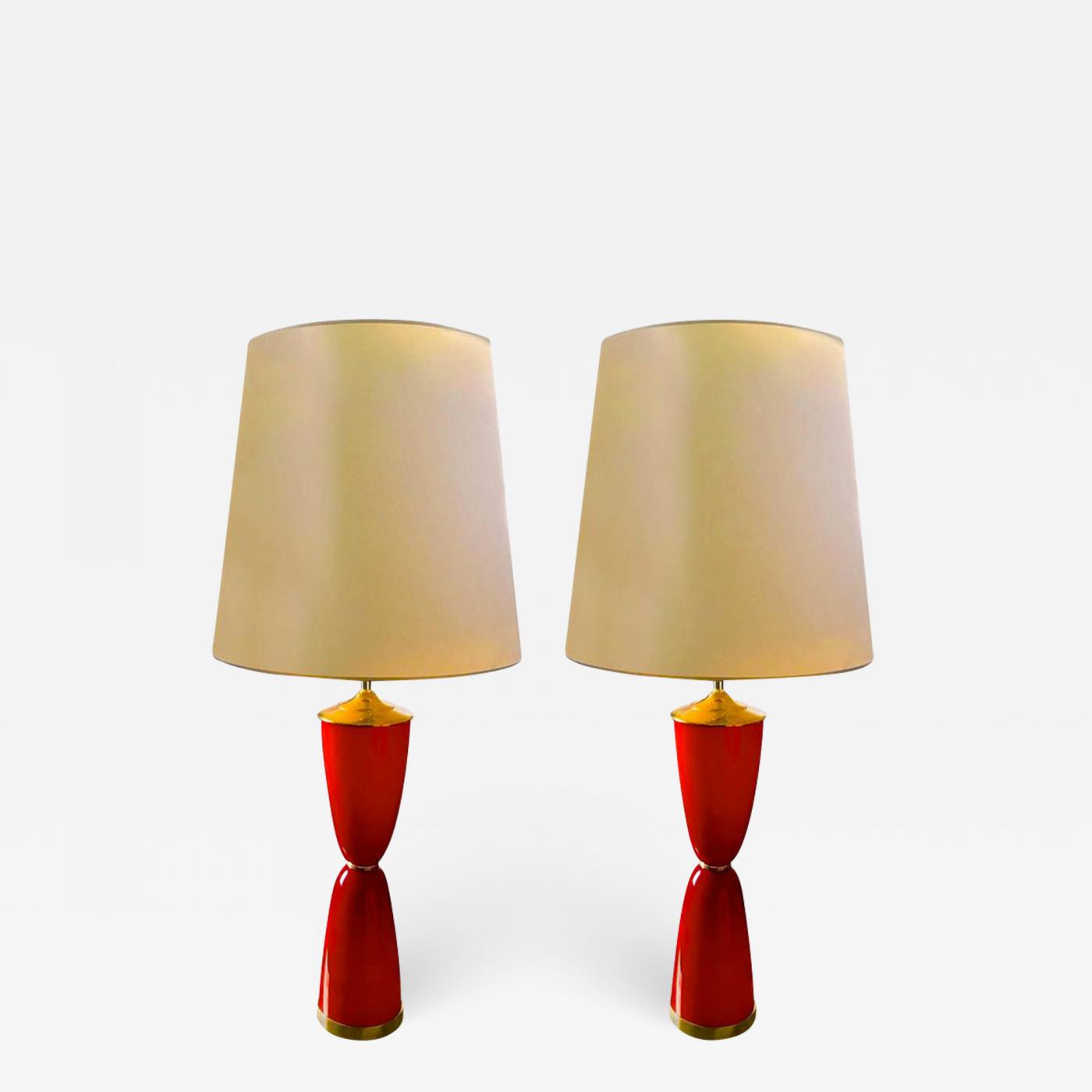 Deep Red Ruby Opaline Glass Pair of Lamps with Bronze Details