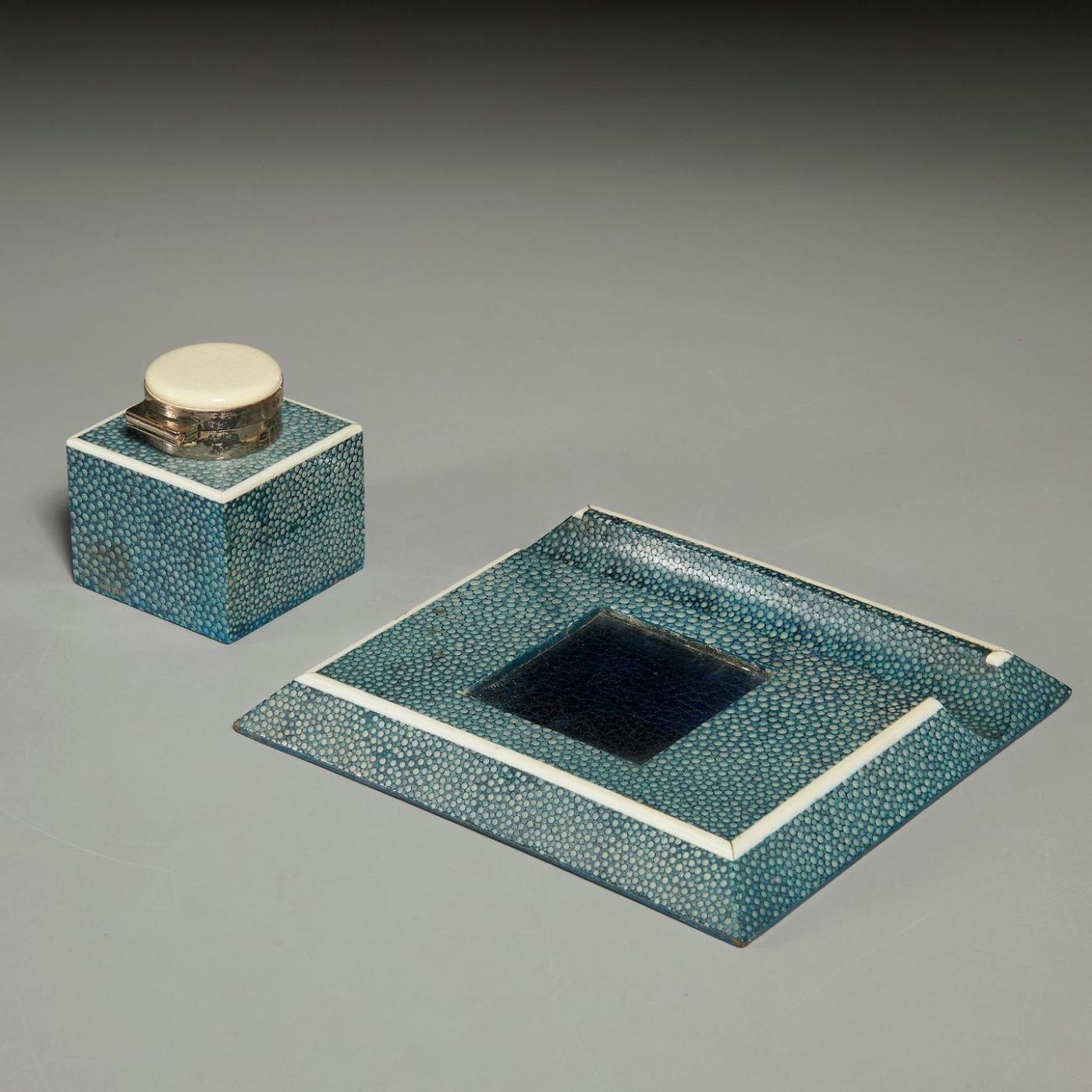 ENGLISH ART DECO SHAGREEN DESK SET FOLDER AND INKWELL