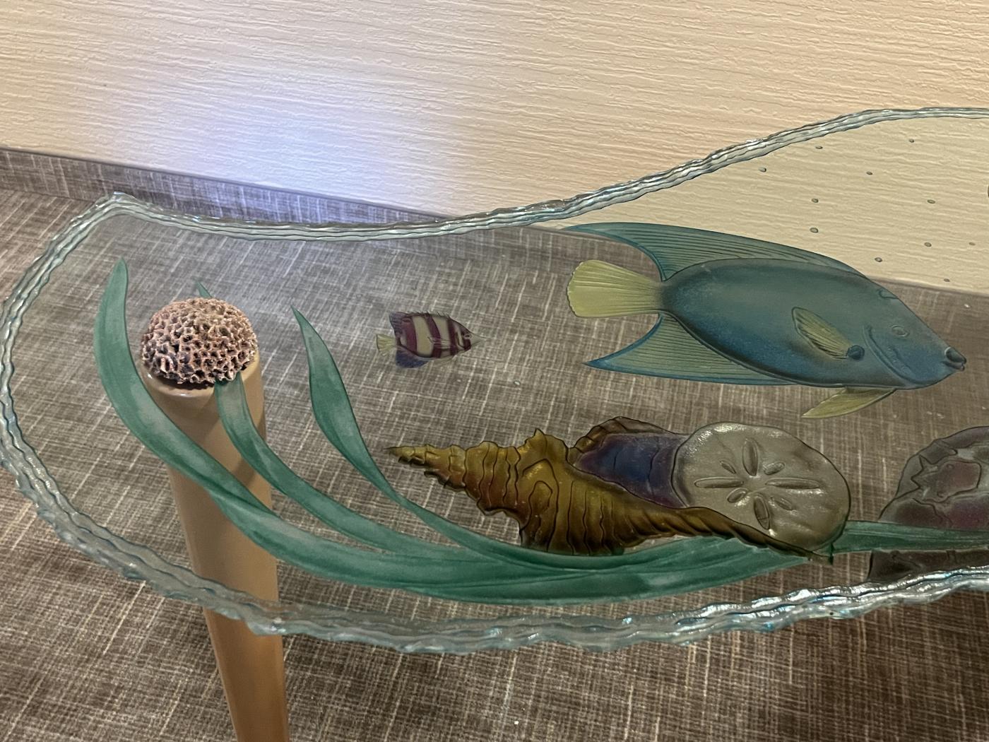 EXCEPTIONAL POST MODERN COLORFUL CARVED SEA LIFE GLASS CONSOLE