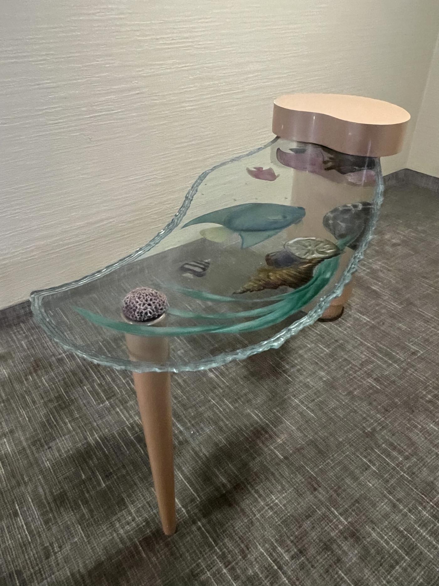 EXCEPTIONAL POST MODERN COLORFUL CARVED SEA LIFE GLASS CONSOLE