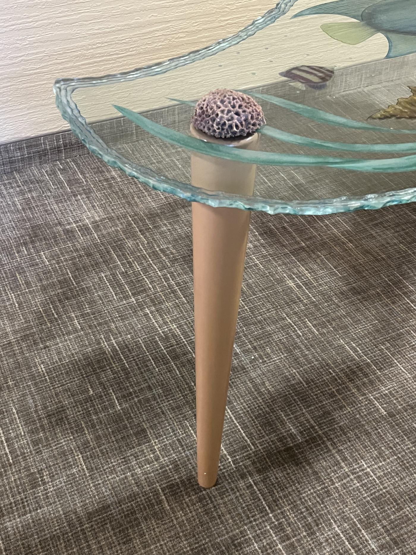 EXCEPTIONAL POST MODERN COLORFUL CARVED SEA LIFE GLASS CONSOLE