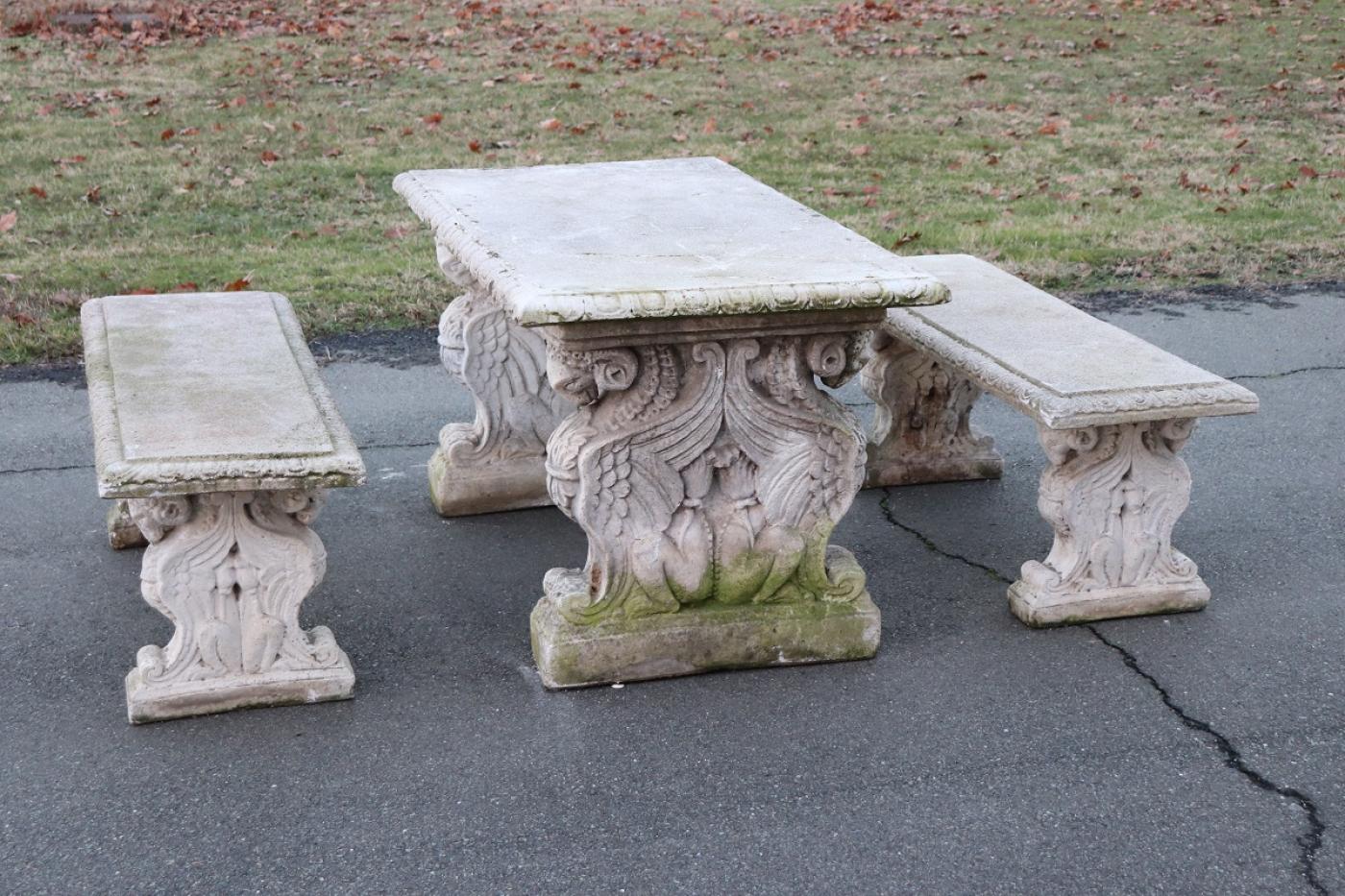 Early 20th Century Italian Garden Set Table with Two Benchs