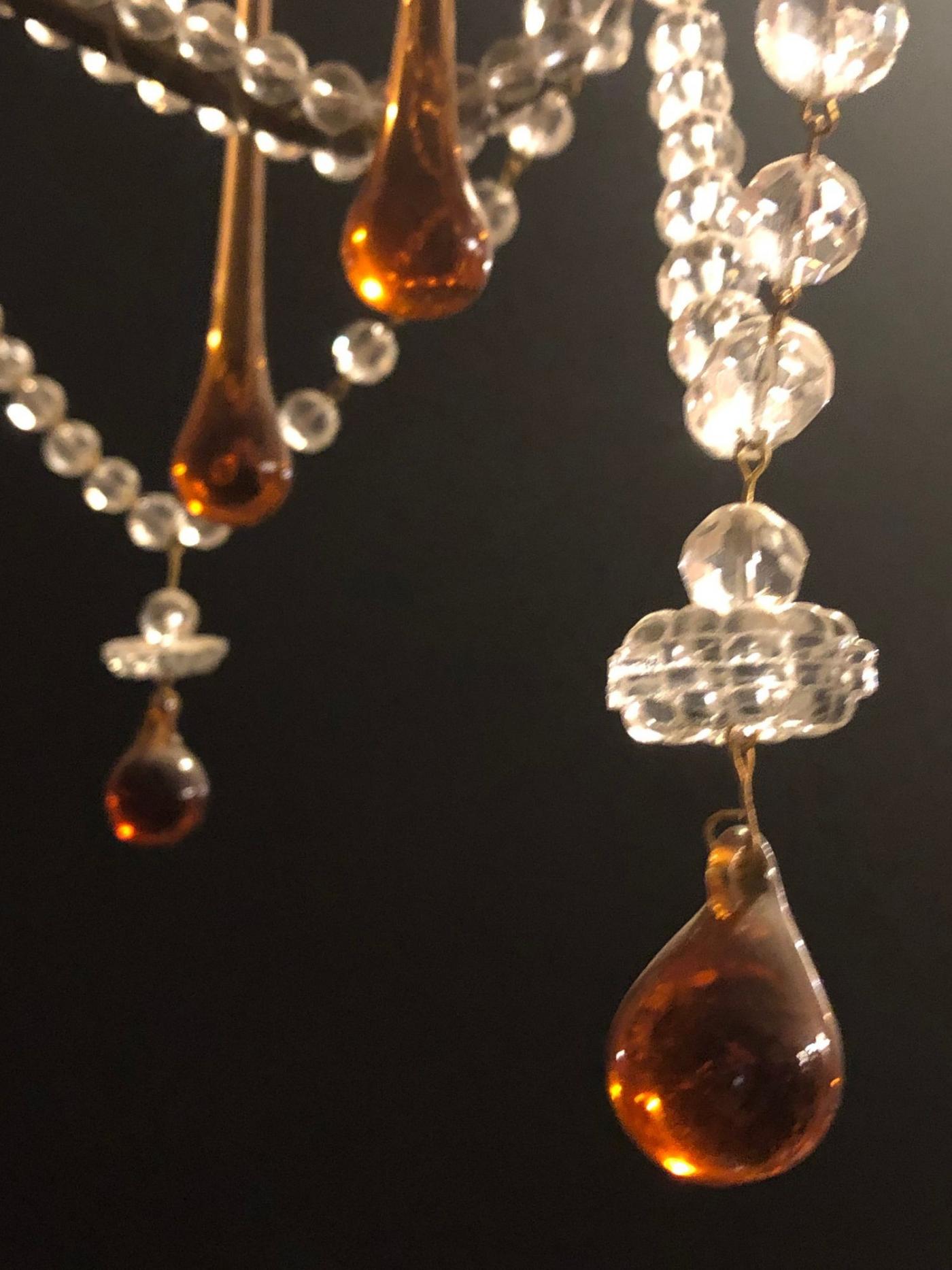 Eight Light Beaded Chandelier with Colored Tear Drop Prisms, circa 1960