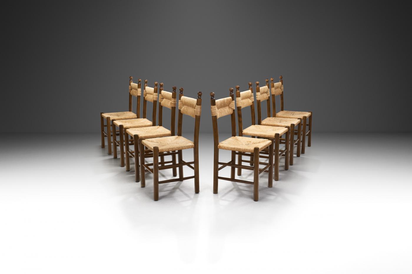 Eight Solid Wood and Straw Dining Chairs, Europe ca 1950s
