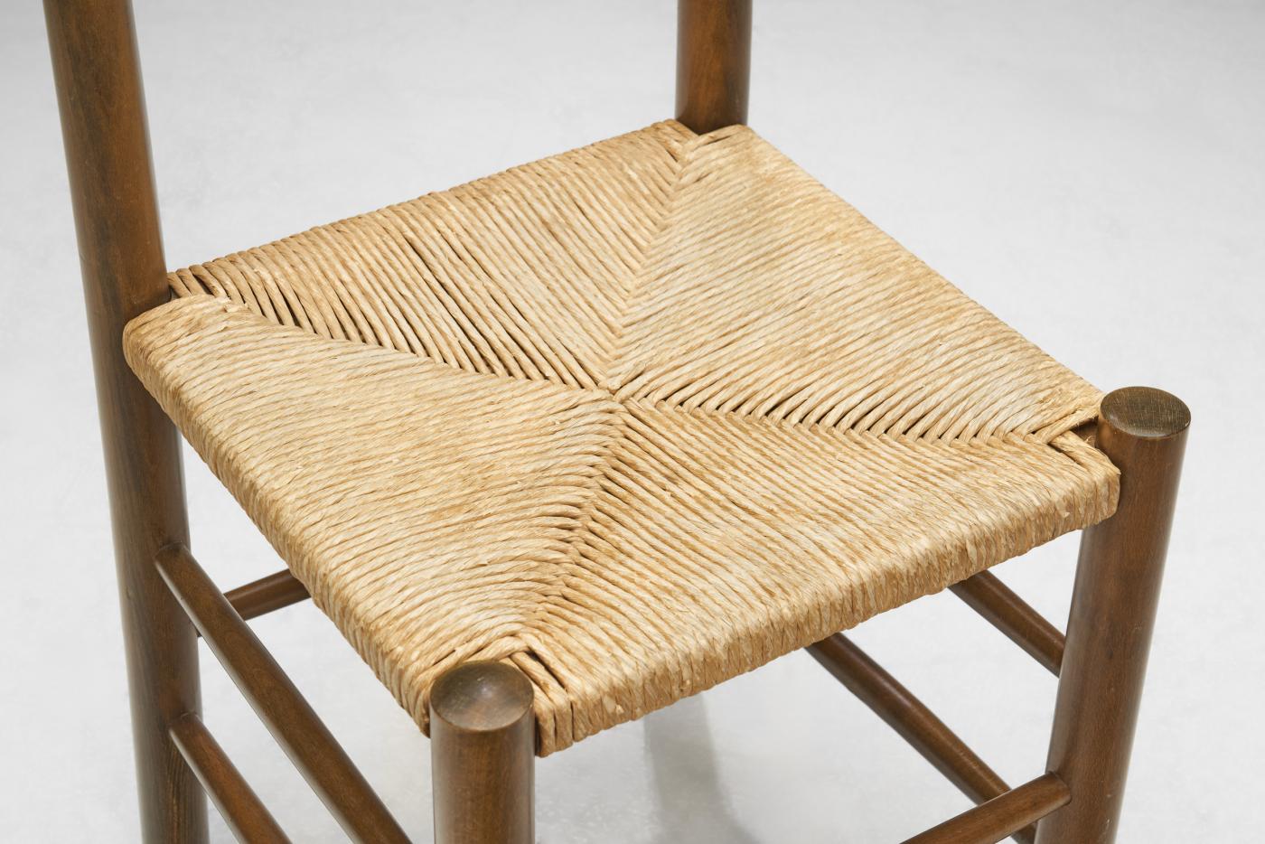 Eight Solid Wood and Straw Dining Chairs, Europe ca 1950s