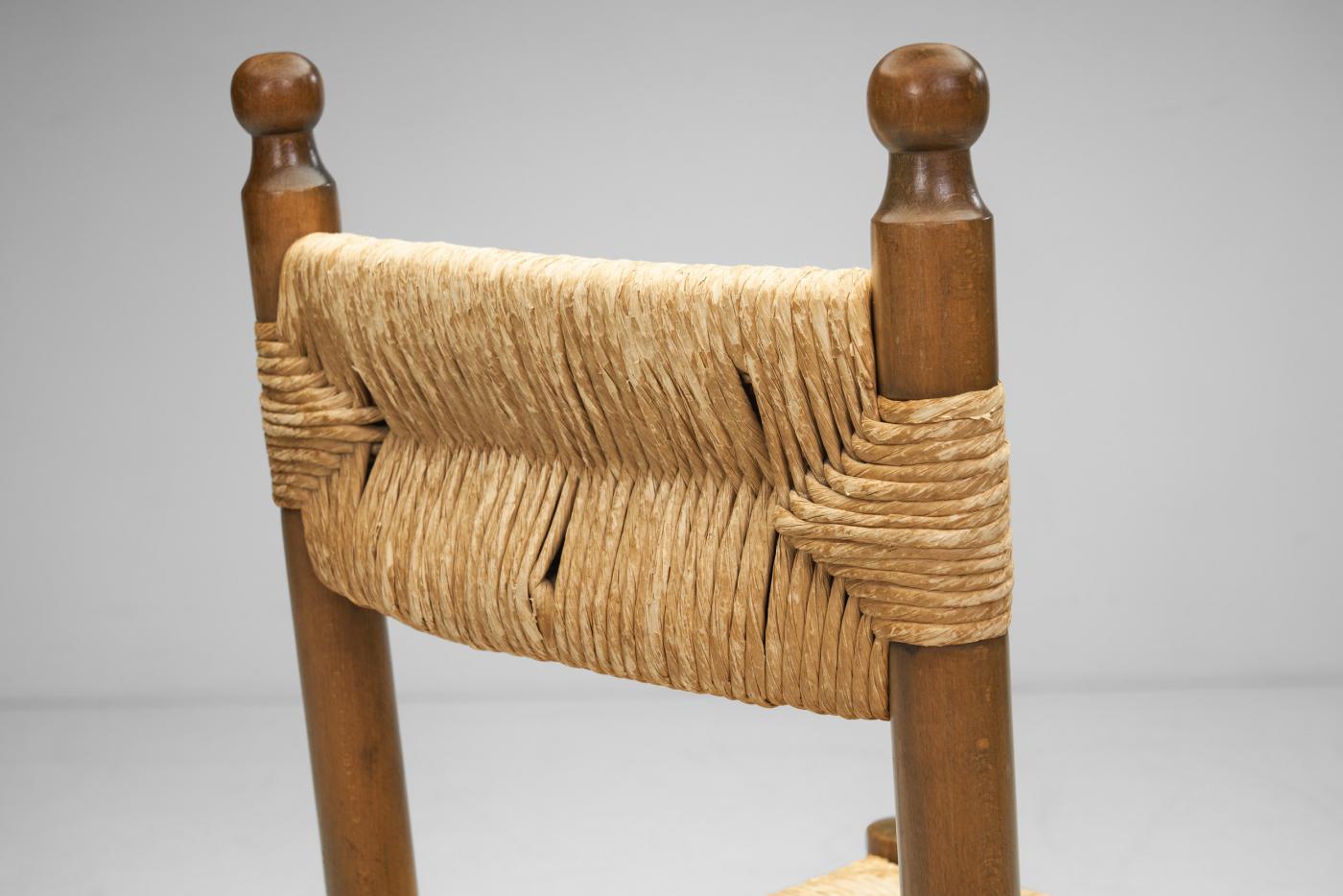 Eight Solid Wood and Straw Dining Chairs, Europe ca 1950s