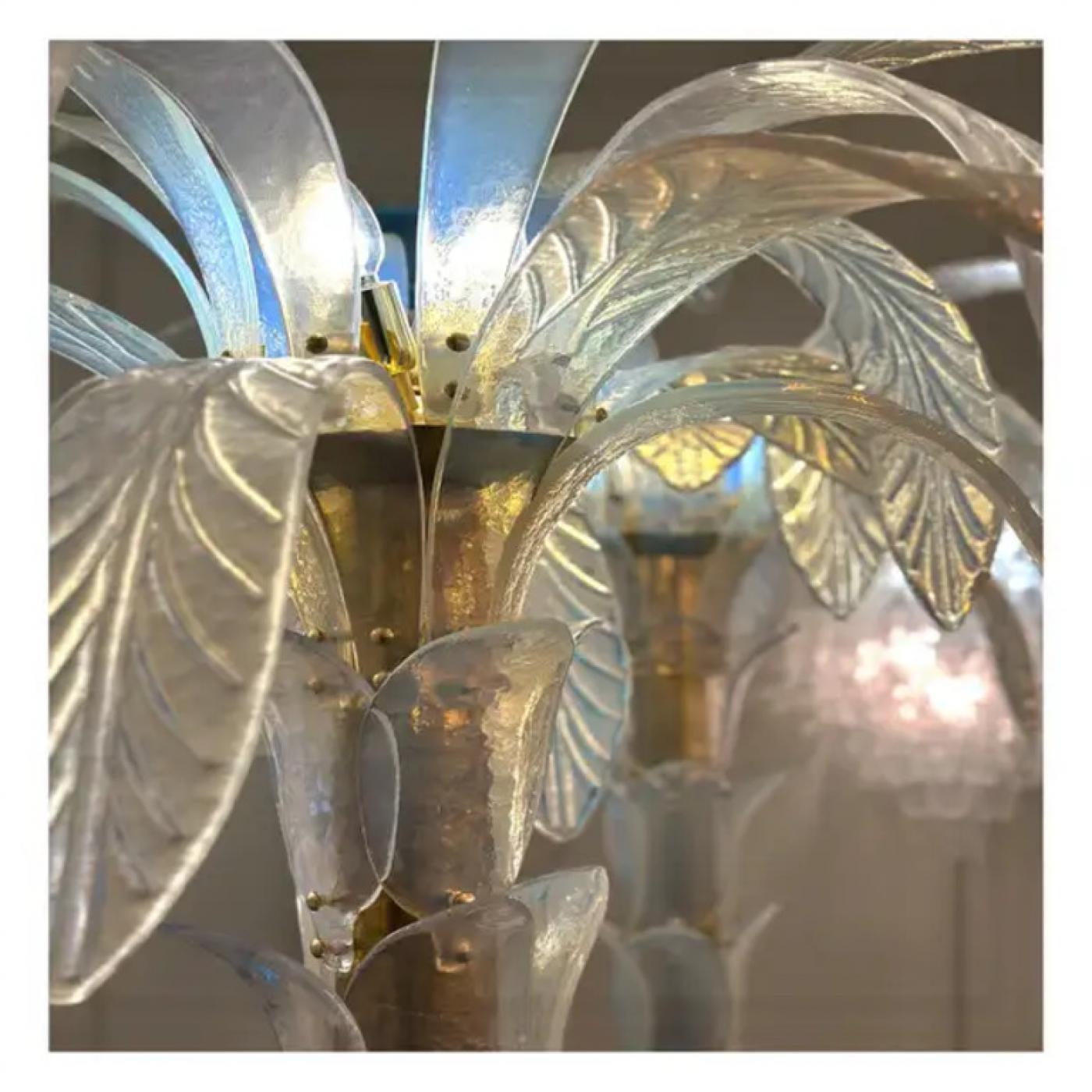 Elegant Pair of Iridescent Murano Glass & Brass Palm Tree Torchieres