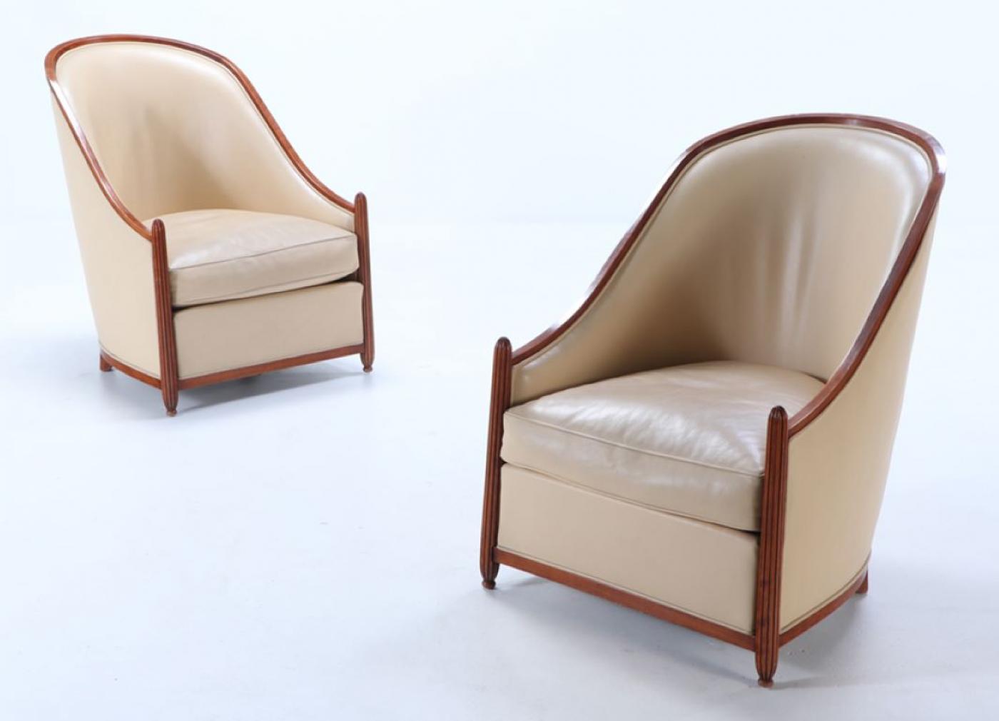 Elegant pair of French Art Deco leather club chairs, manner of Rhulmann ...