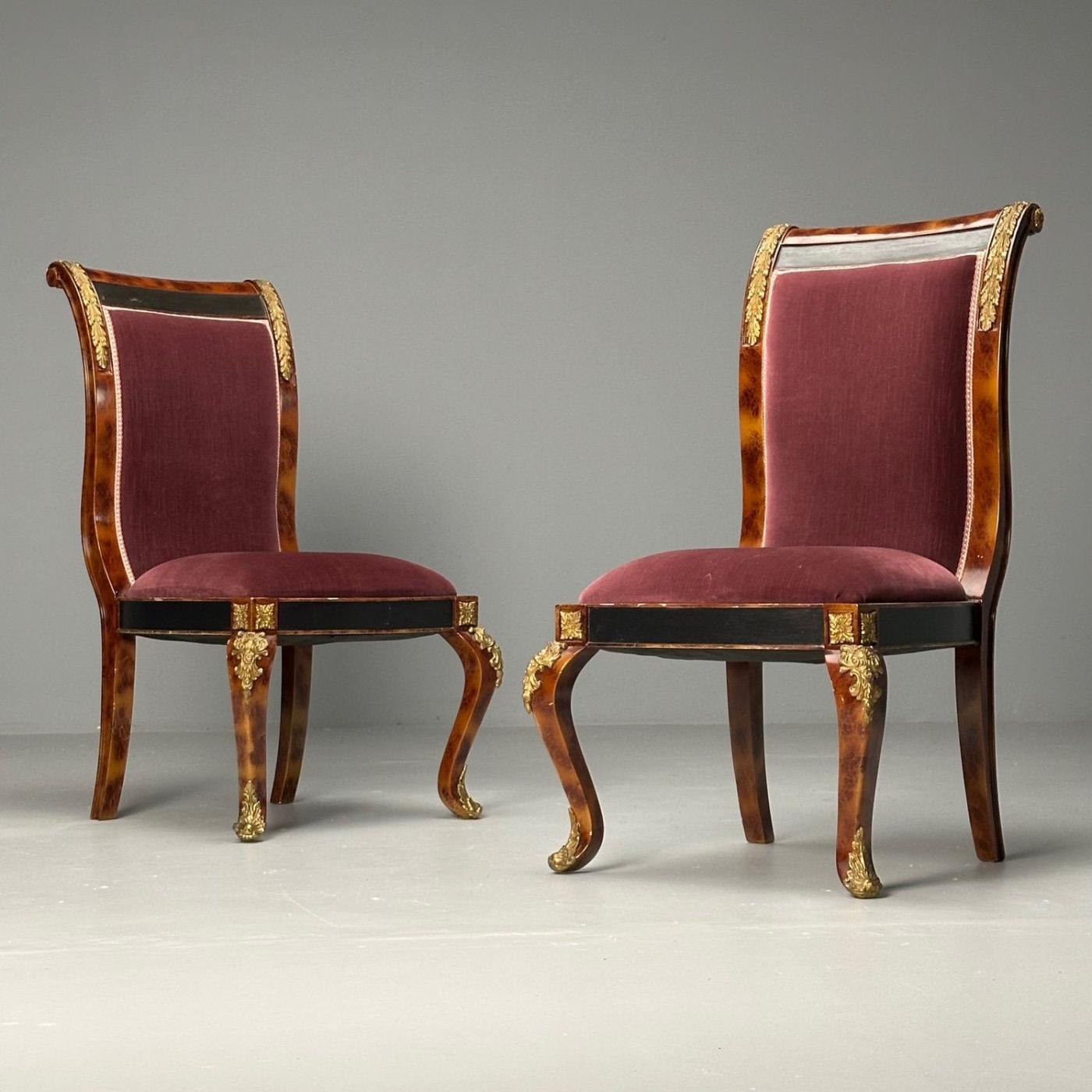 Empire Style, Side Chairs, Tortoise Shell Veneer, Bronze, Velvet, 1980s