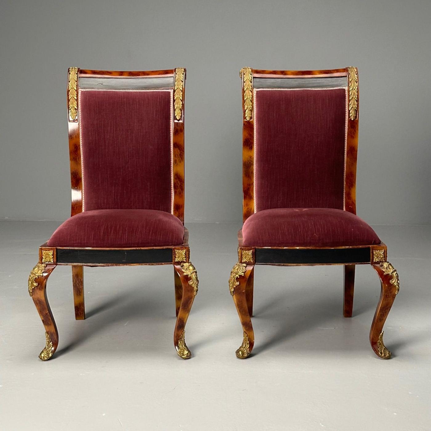 Empire Style, Side Chairs, Tortoise Shell Veneer, Bronze, Velvet, 1980s