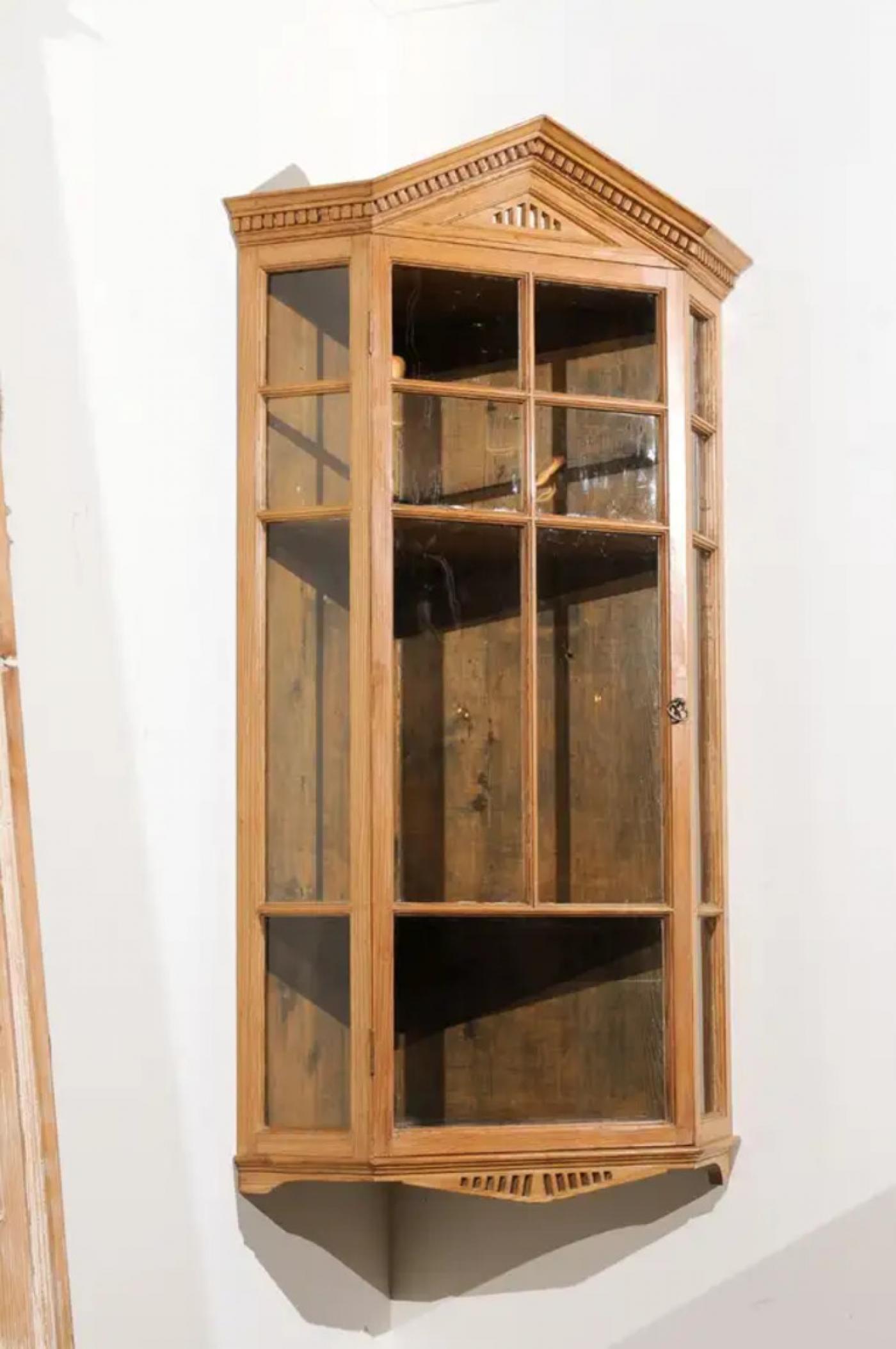 English 1875s Pine Hanging Corner Cabinet with Pointed Pediment and ...