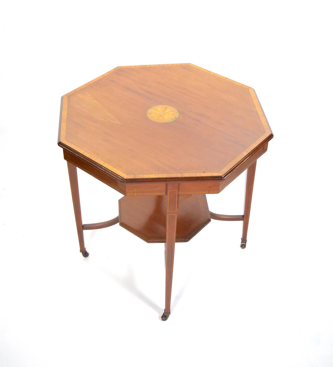 English Burl Mahogany Hexagonal Shape Inlay Decorated Top Center Table