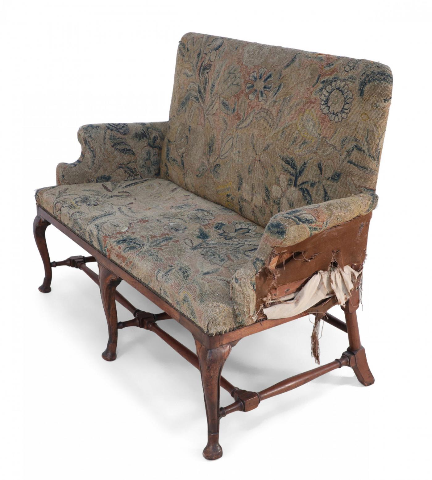 English Queen Anne Needlepoint Tapestry and Walnut Settee