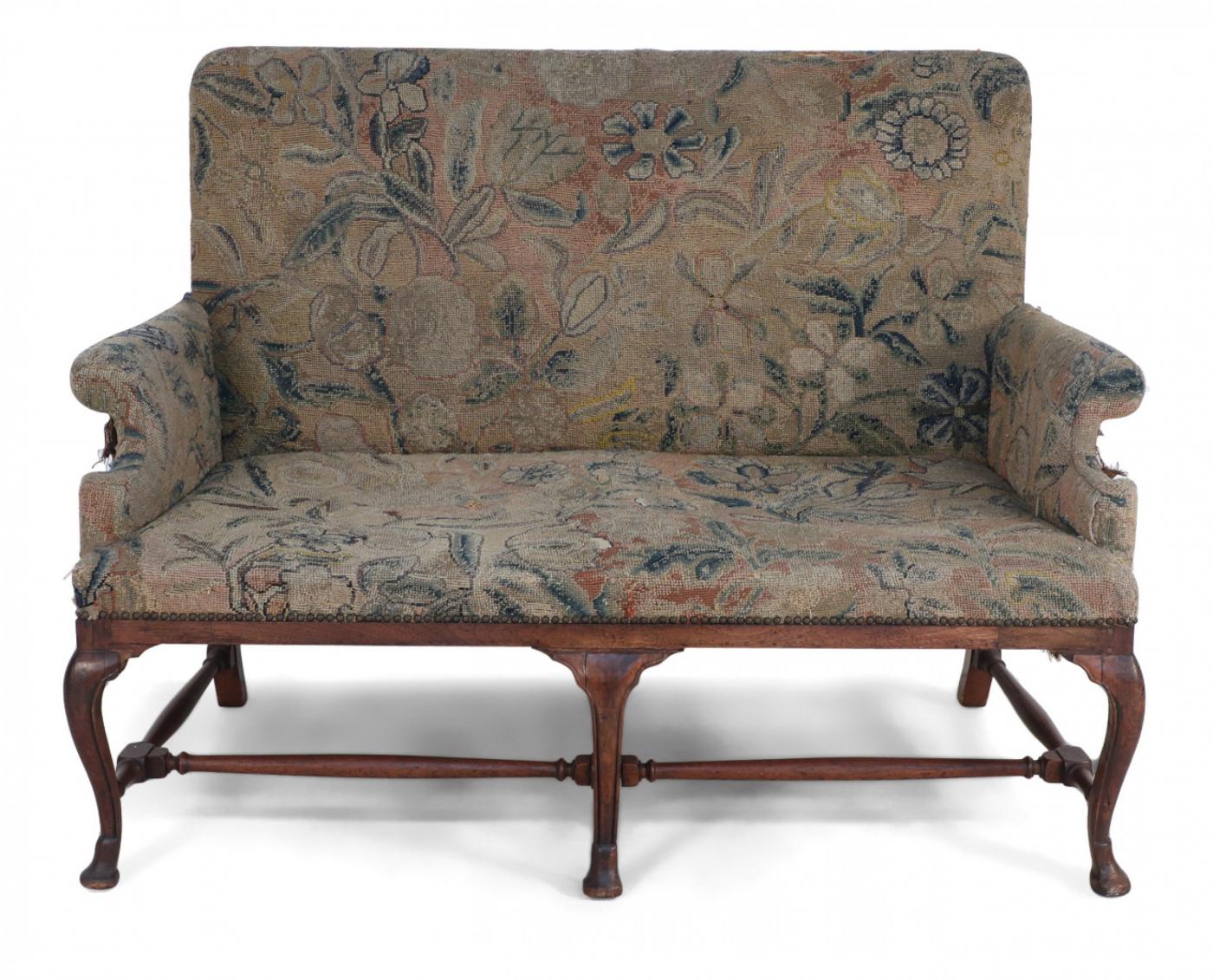 English Queen Anne Needlepoint Tapestry and Walnut Settee