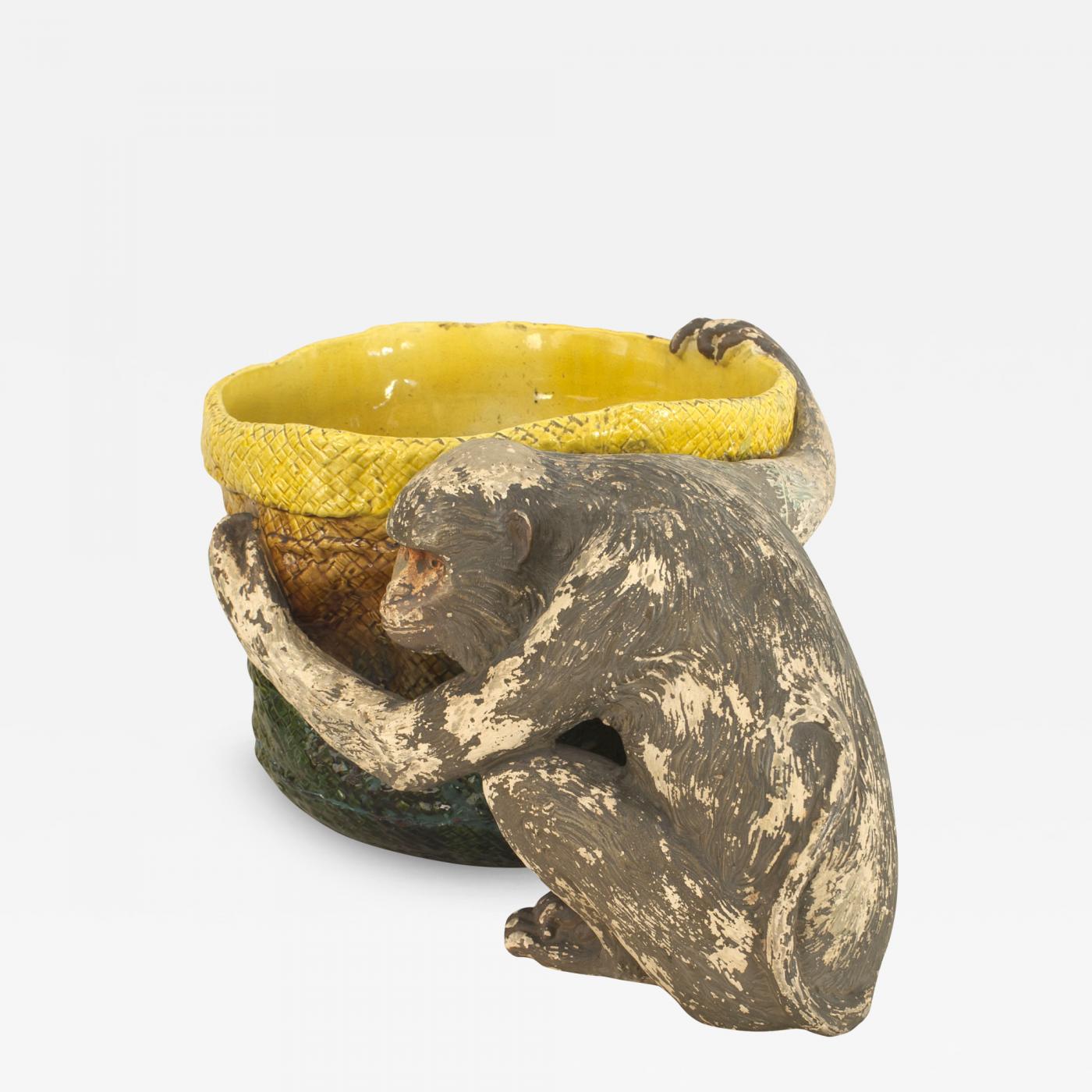 English Victorian Majolica Porcelain Monkey Pot