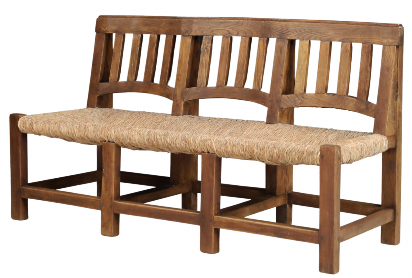 Exceptional French 1950s pine & straw bench