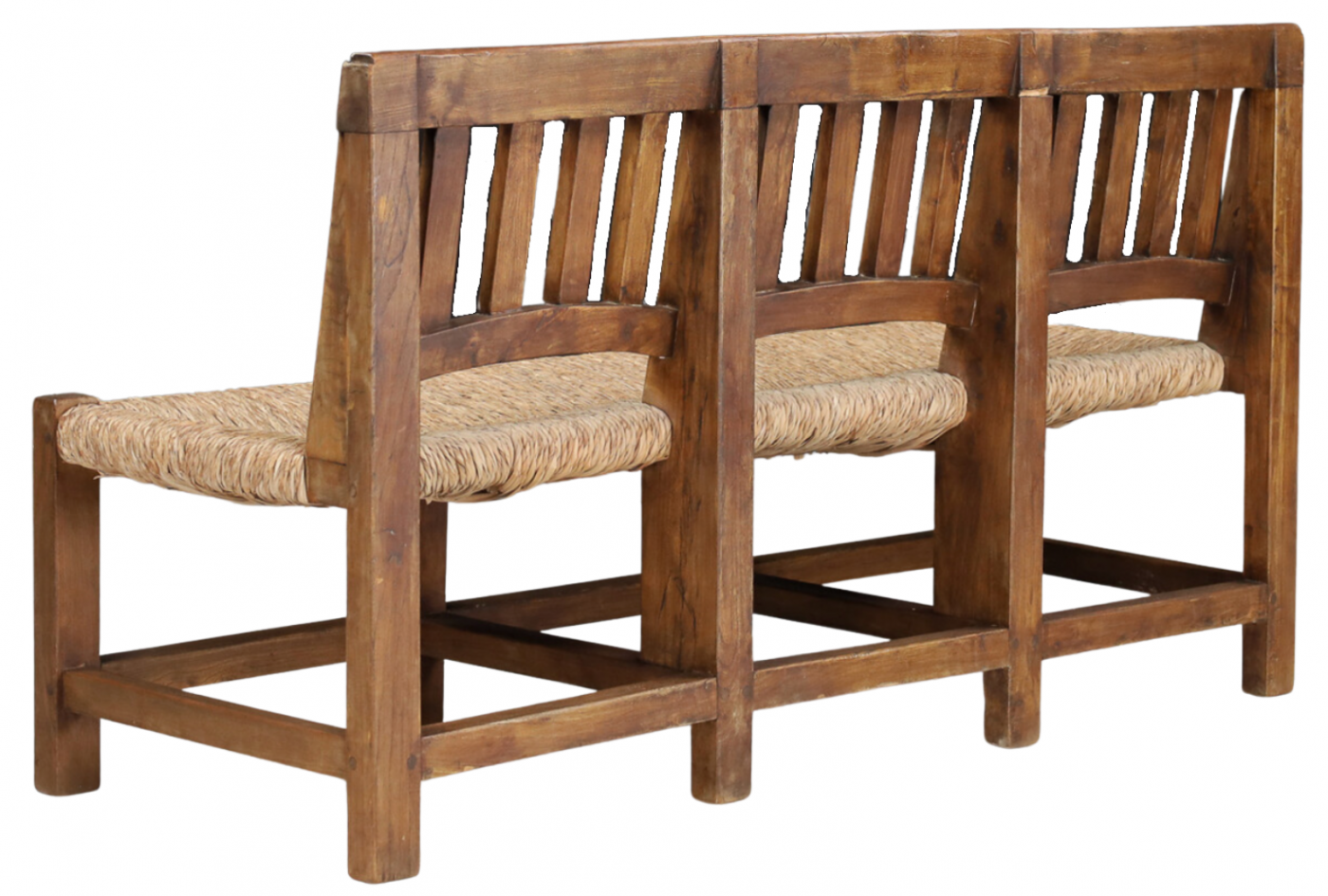 Exceptional French 1950s pine & straw bench