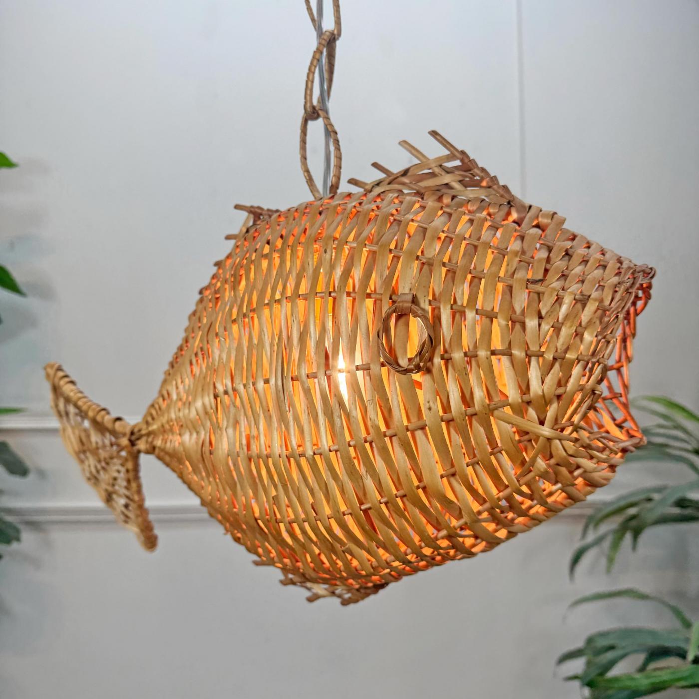 Exceptional and Rare Mid Century French Wicker Fish Ceiling Light
