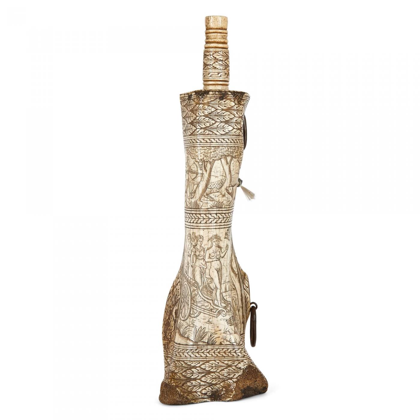 Exceptionally detailed 19th century carved bone gunpowder flask