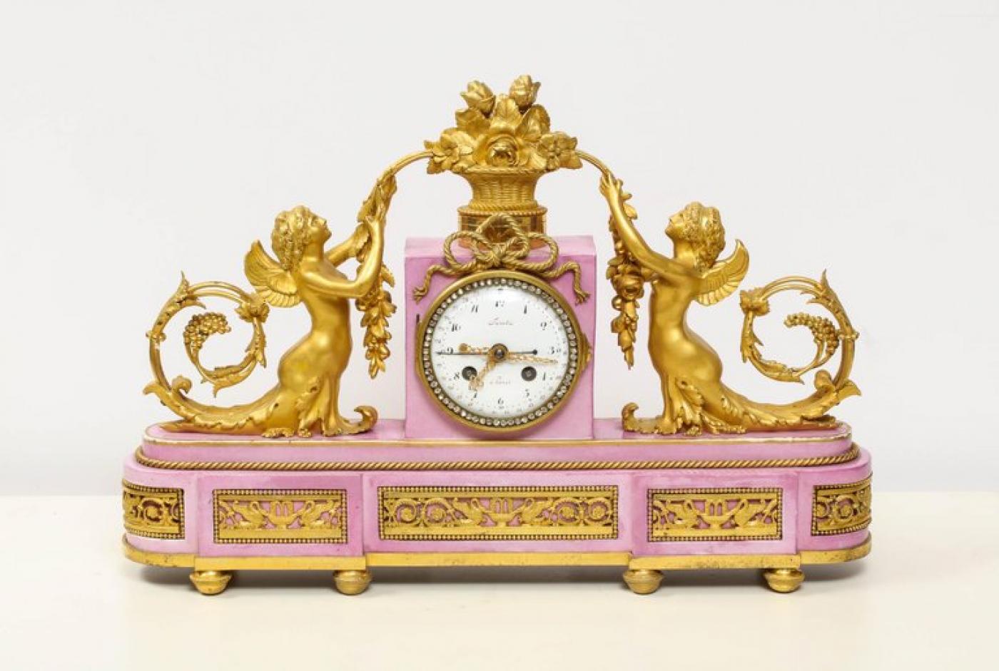 Exquisite French Ormolu and Pink Porcelain Clock Set after Francois Remond