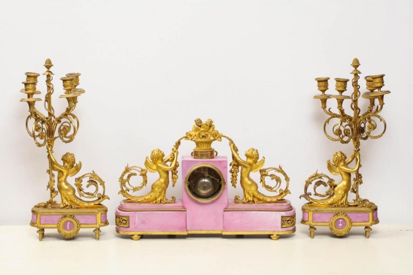 Exquisite French Ormolu and Pink Porcelain Clock Set after Francois Remond