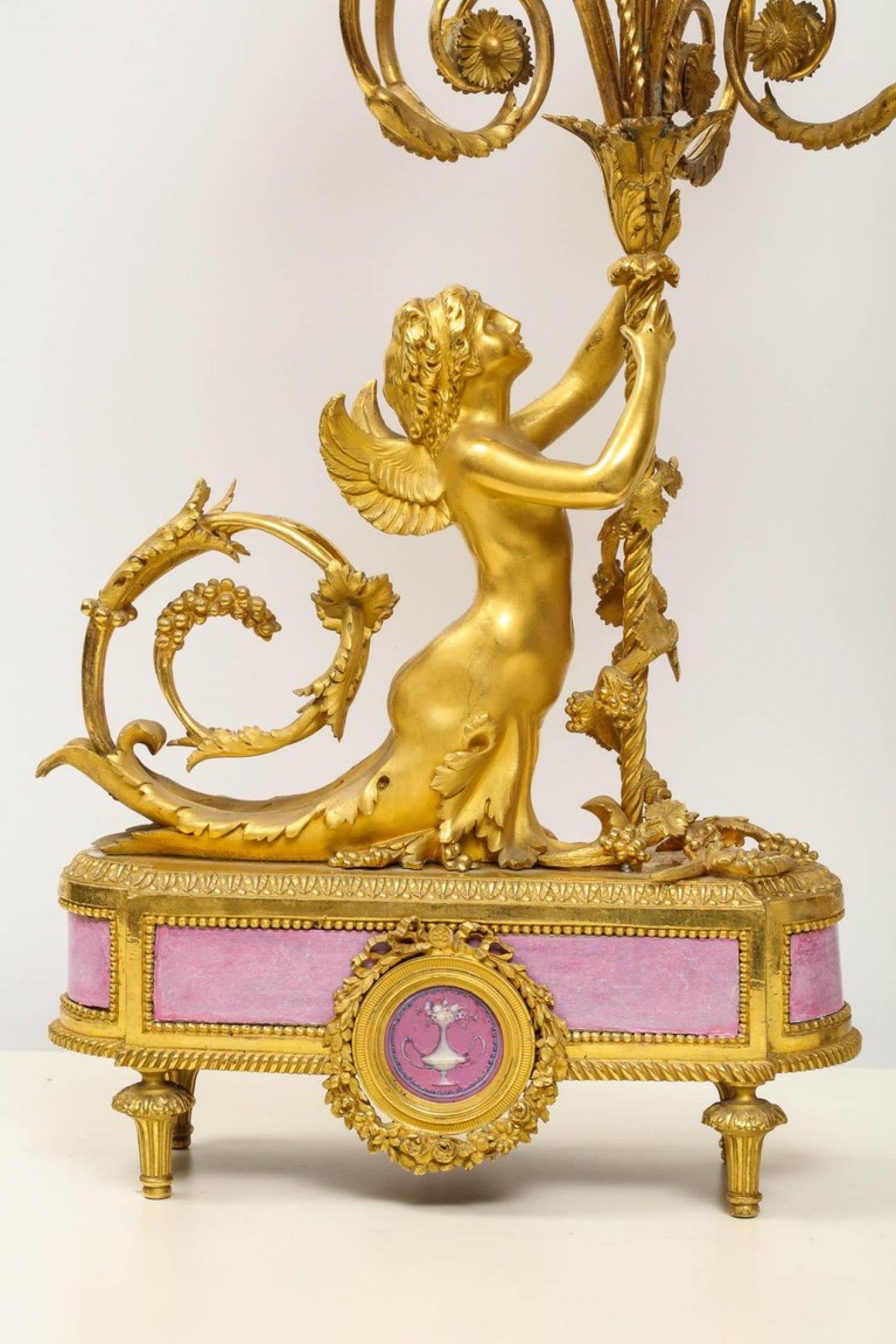 Exquisite French Ormolu and Pink Porcelain Clock Set after Francois Remond