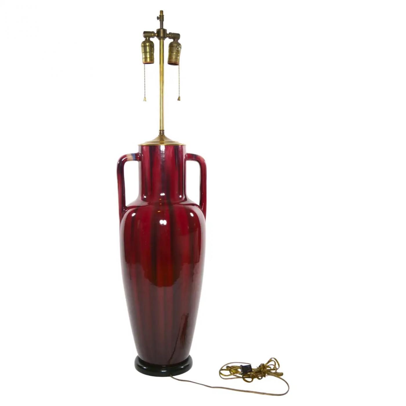 Exquisite Pair Flambé Porcelain / Black Wood Table Lamp