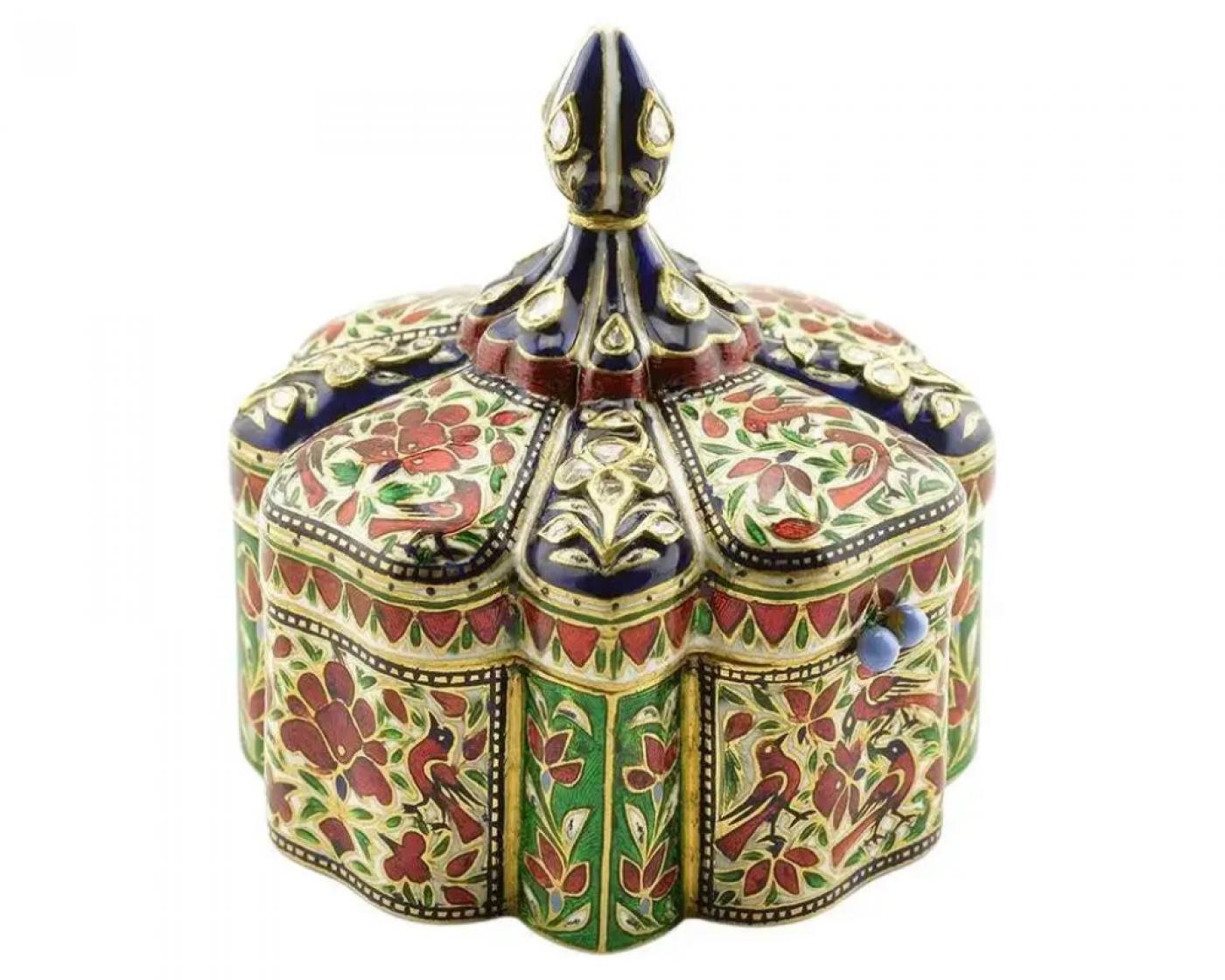 Exquisite and Large Indian 22K Gold, Enamel, and Diamond Snuff Box, Jaipur