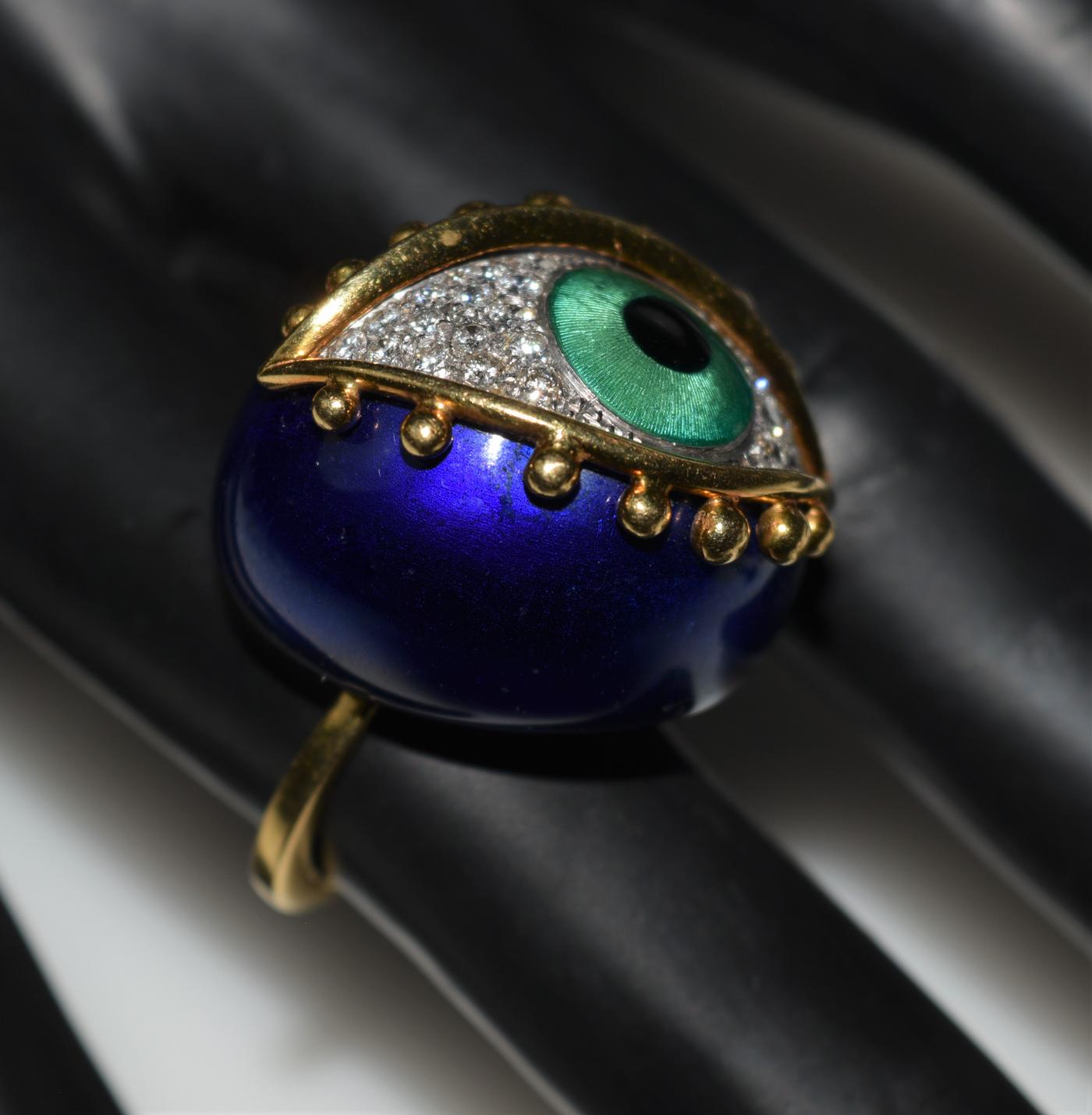 Fantastic Surreal Eye Ring Enamel 18k Diamonds