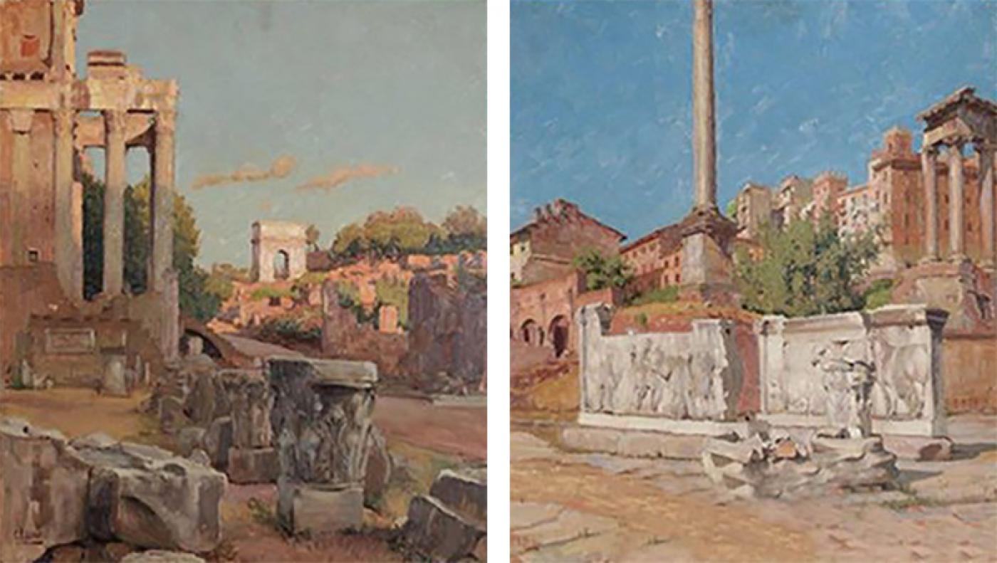 Fine Pair of Roman Landscape Oil on Canvas Signed P. Baroni, 1920