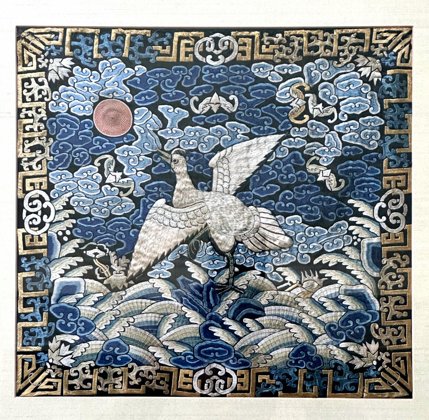 Framed Chinese Qing Dynasty Embroidered Sixth Rank Badge