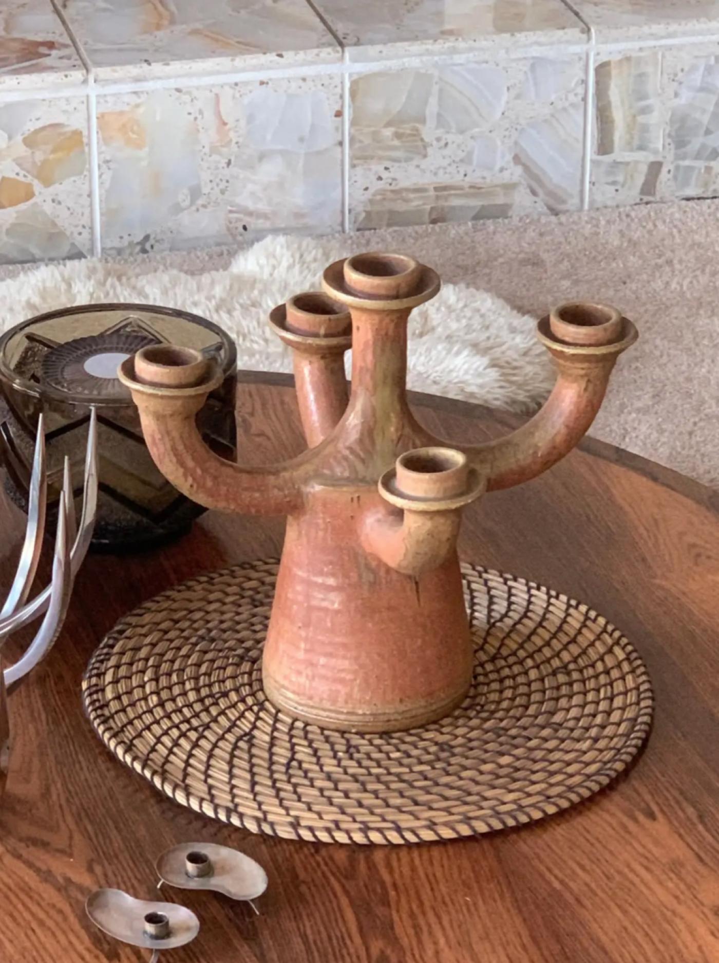Frederick Carlton - Glazed Oval Terracotta Candelabra by F. Carlton Ball
