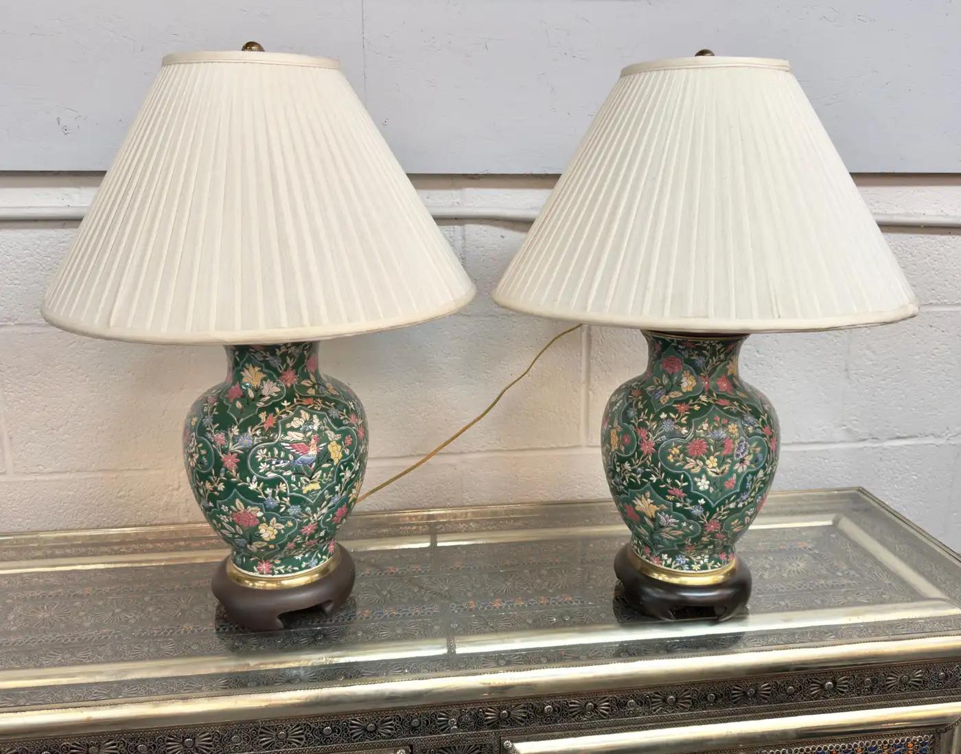 Frederick Copper Chinoiserie Floral Design Green Porcelain Table Lamp ...