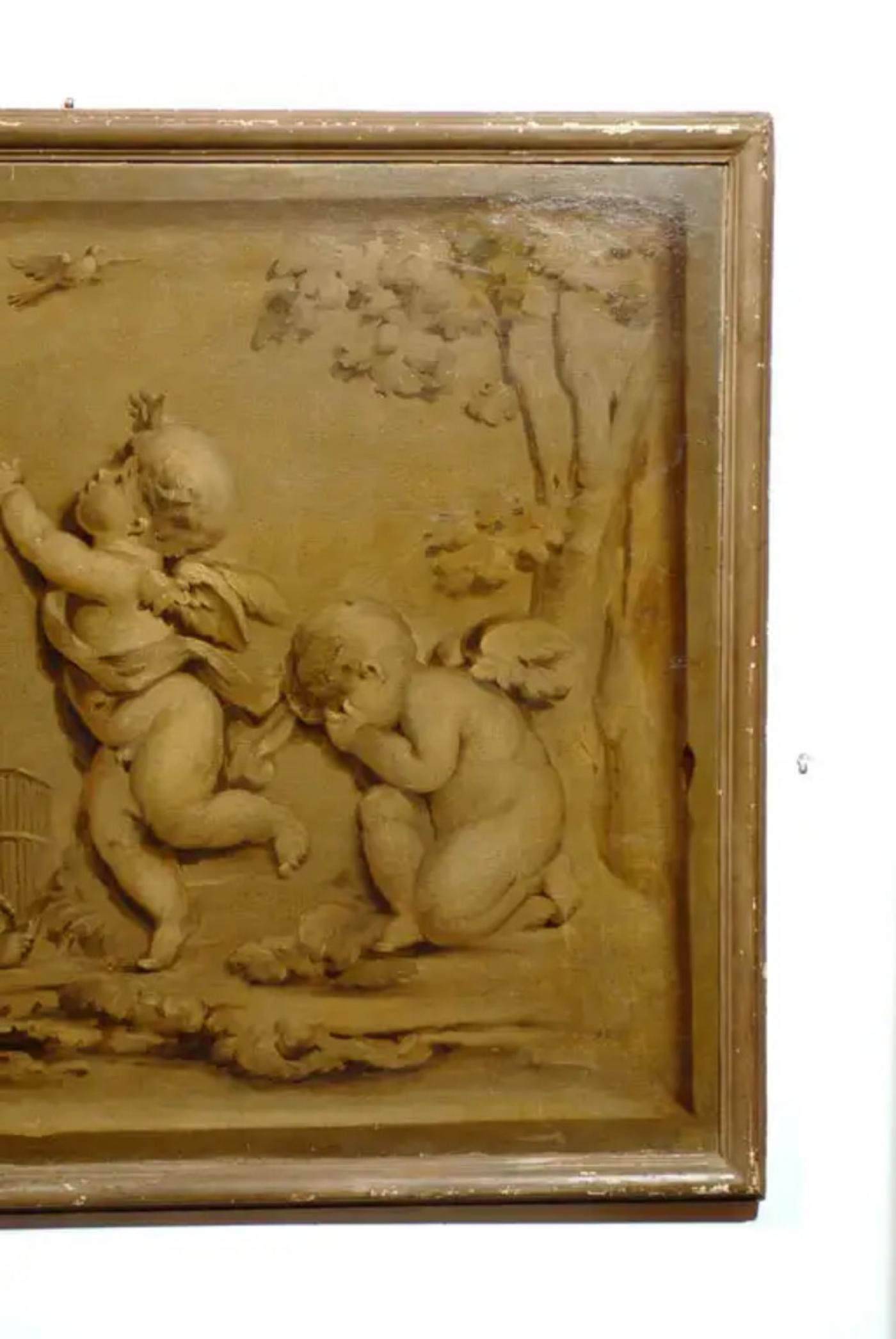 French 1820s Horizontal Grisaille Painting Depicting Cherubs Chasing a Bird