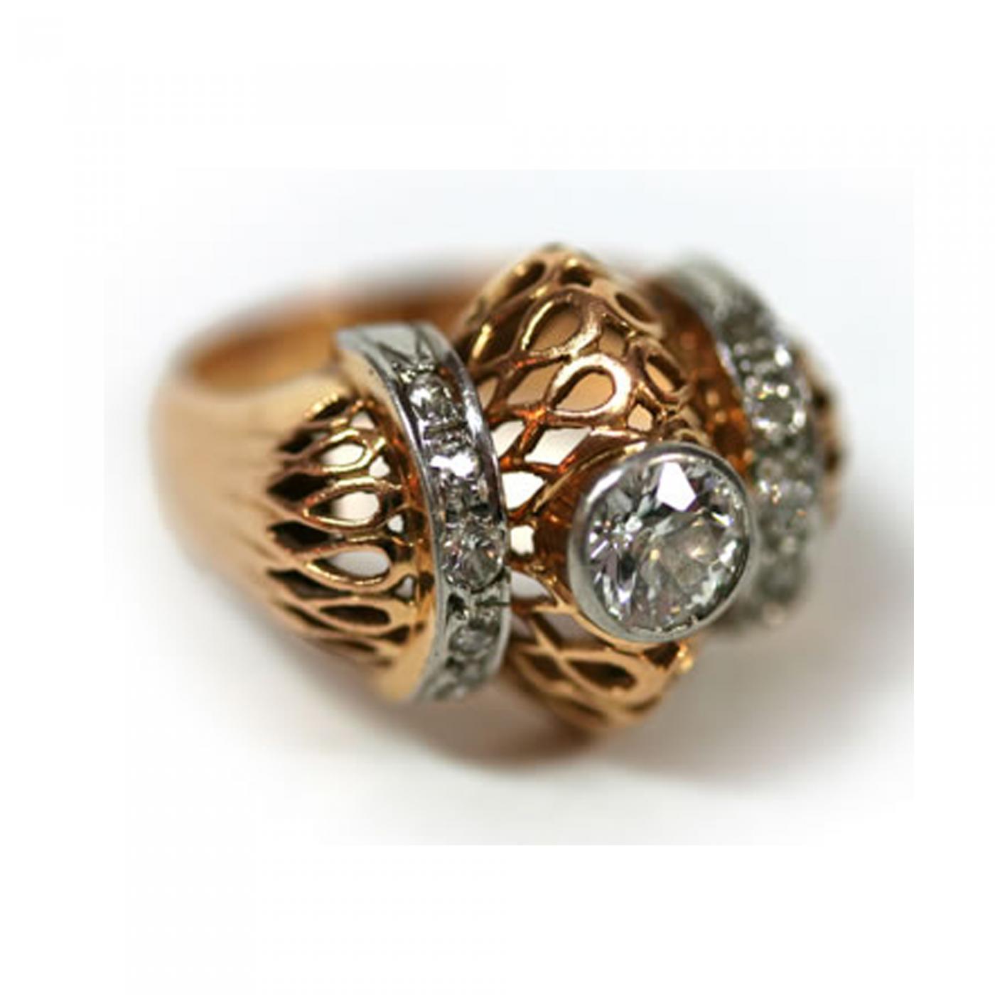 French 18K Gold and Diamond Retro Ring
