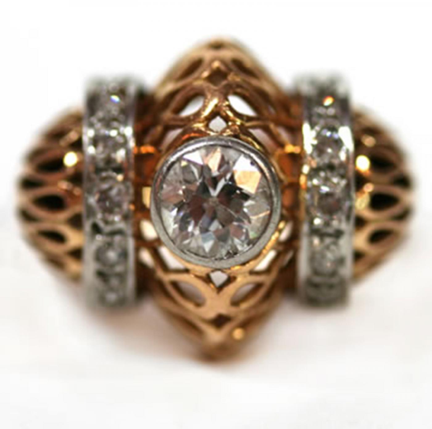 French 18K Gold and Diamond Retro Ring
