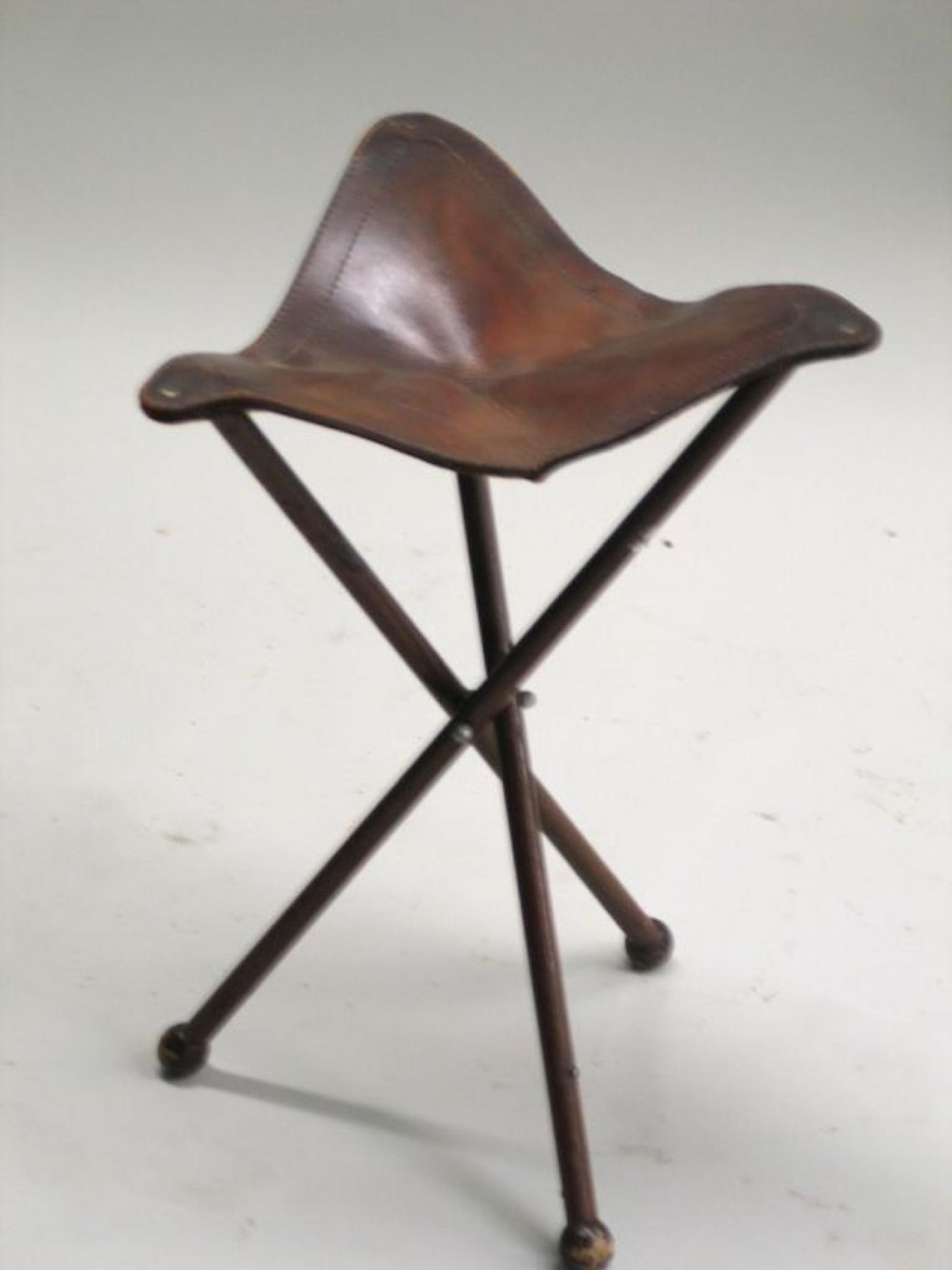 French 1940s Modern Neoclassical Iron and Leather Folding Stool
