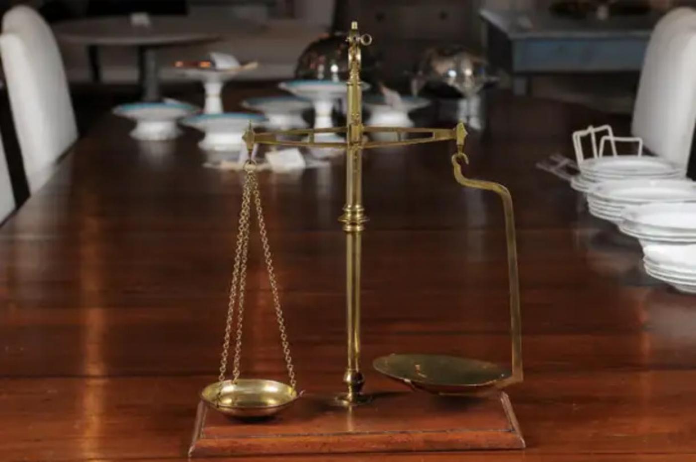 French 19th Century Freestanding Brass Tea Scale Mounted on Wooden Base