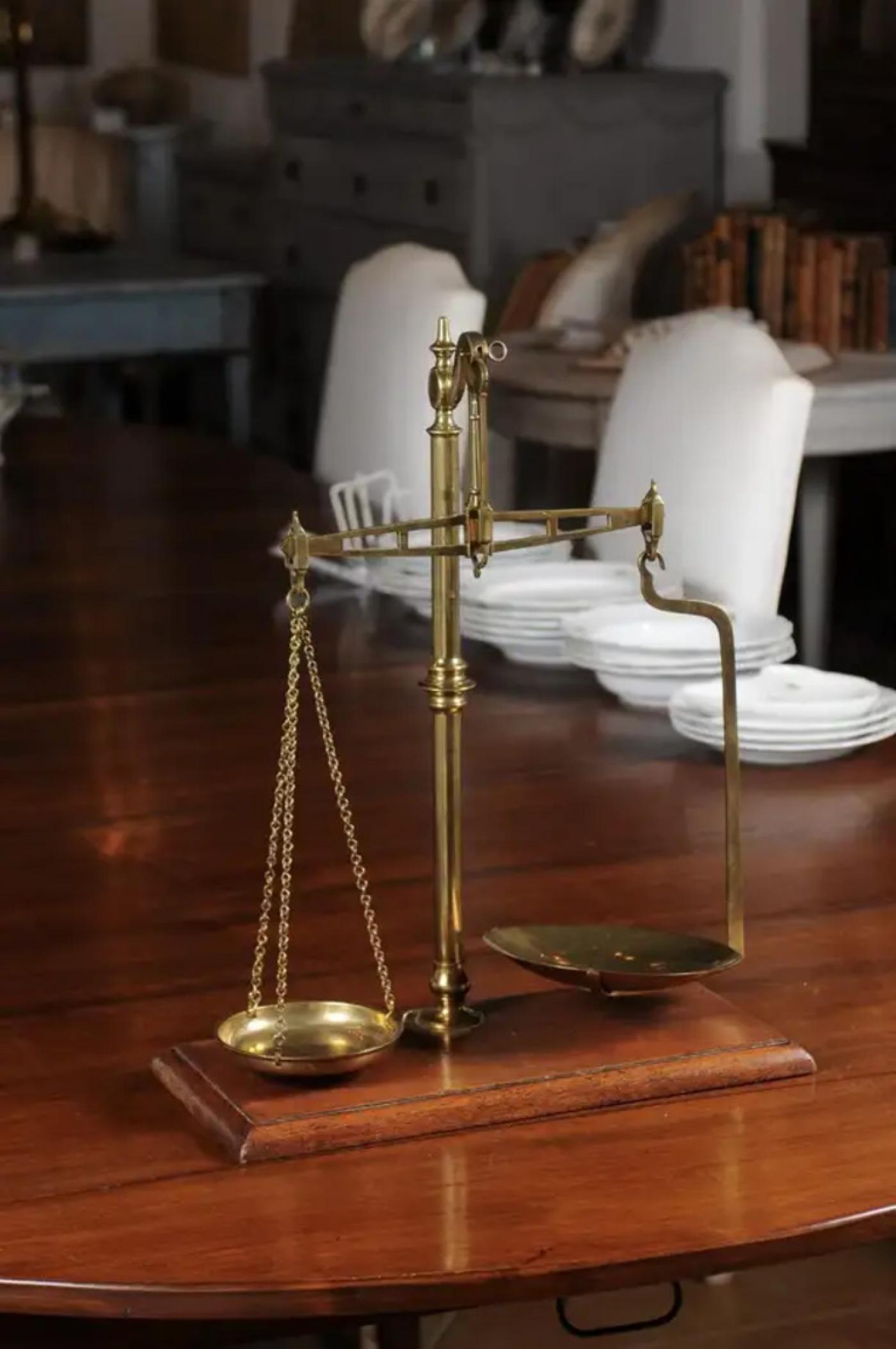 French 19th Century Freestanding Brass Tea Scale Mounted on Wooden Base