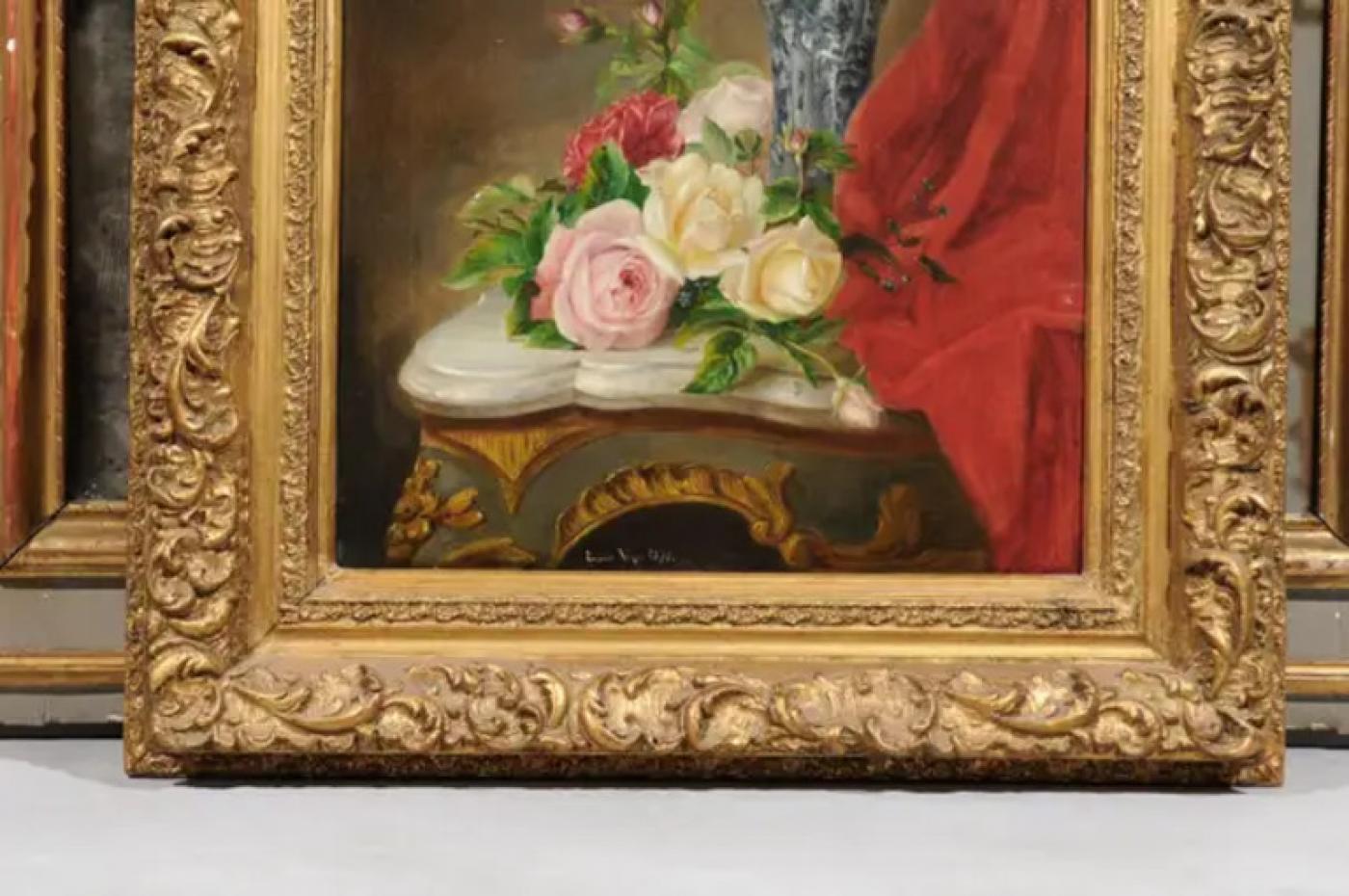 French 19th Century Gilt Frame Oil Painting Depicting Flowers on a ...