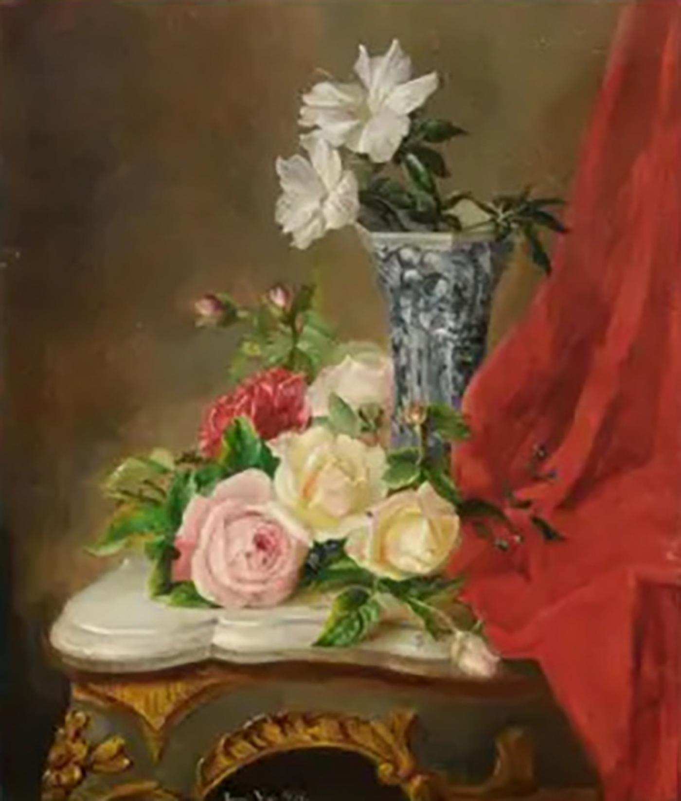 French 19th Century Gilt Frame Oil Painting Depicting Flowers on a ...