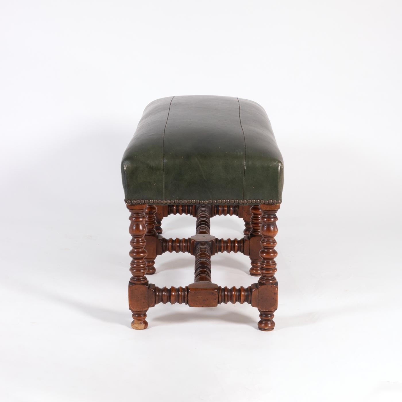 French Baroque Style Bench Upholstered In Green Leather, Circa 1880.